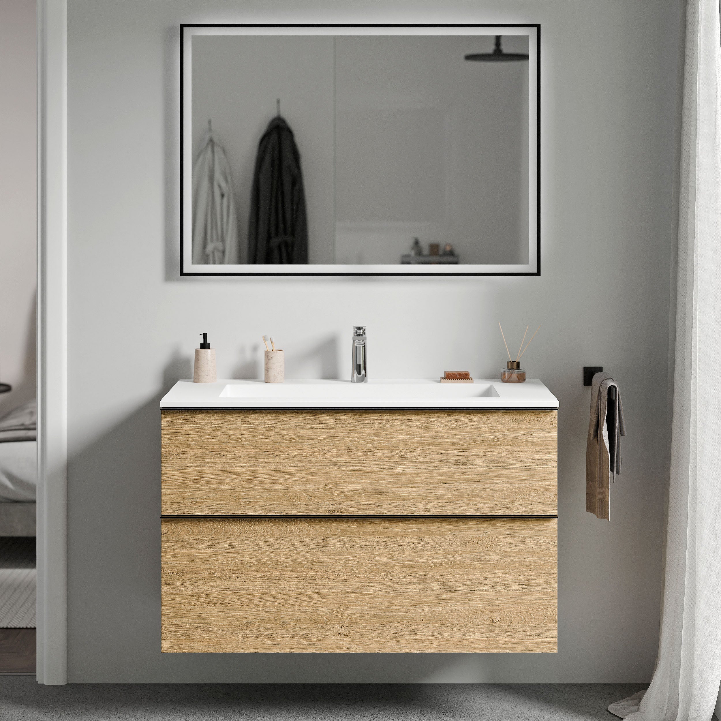 BERNSTEIN - Mueble lavabo suspendido MDF roble miel, lavabo fundición ...