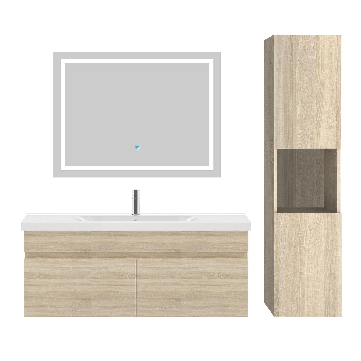 Ensemble meubles Salle De Bain 100cm simple vasque + colonne + miroir Chêne Wotan - OCEAN ...