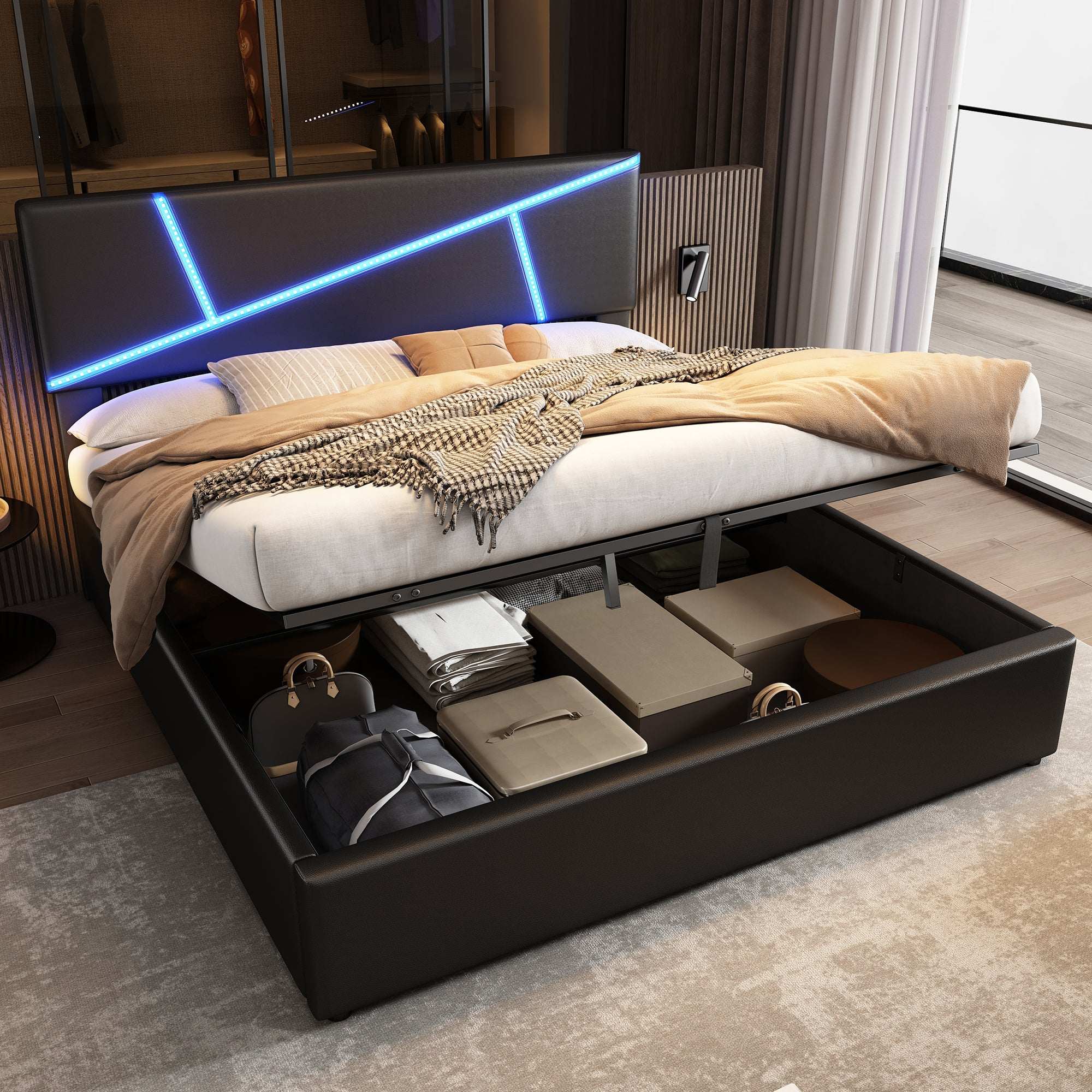 Lit coffre 180 x 200 cm - avec LED - similicuir et bois - sommier à ...