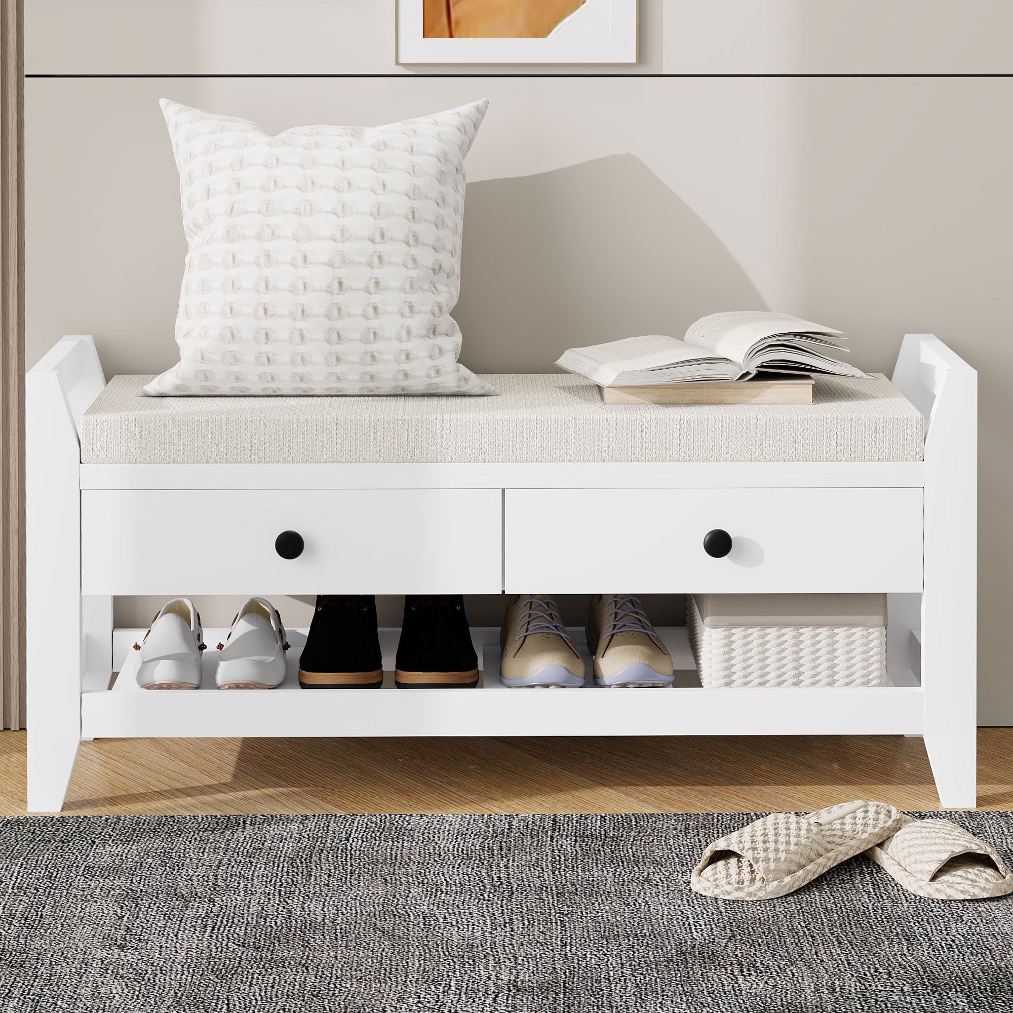 Mueble zapatero - con asiento - con 2 cajones - con estantes abiertos ...