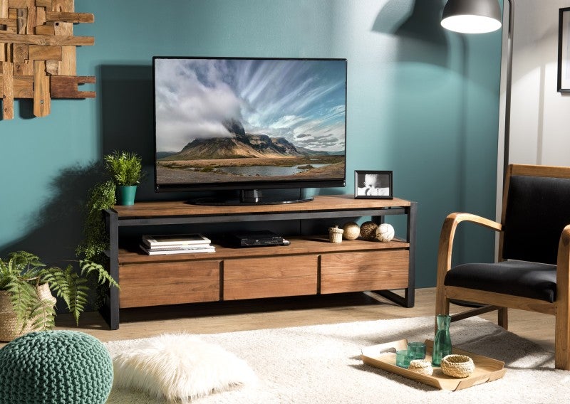 SIXTINE - Meuble TV marron 3 tiroirs 1 étagère en bois de teck recyclé ...