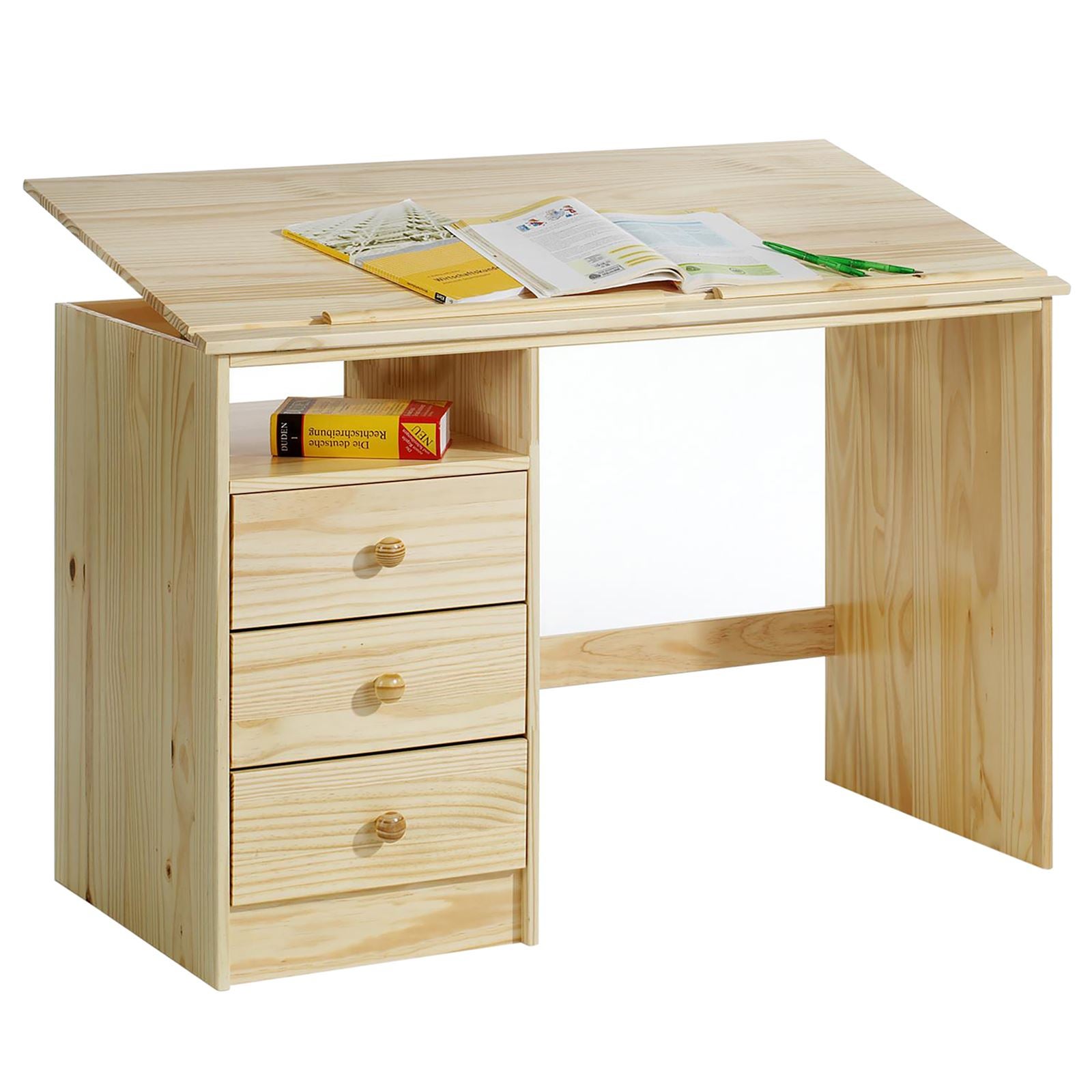 Bureau enfant KEVIN, en pin massif, 3 tiroirs et plateau inclinable ...