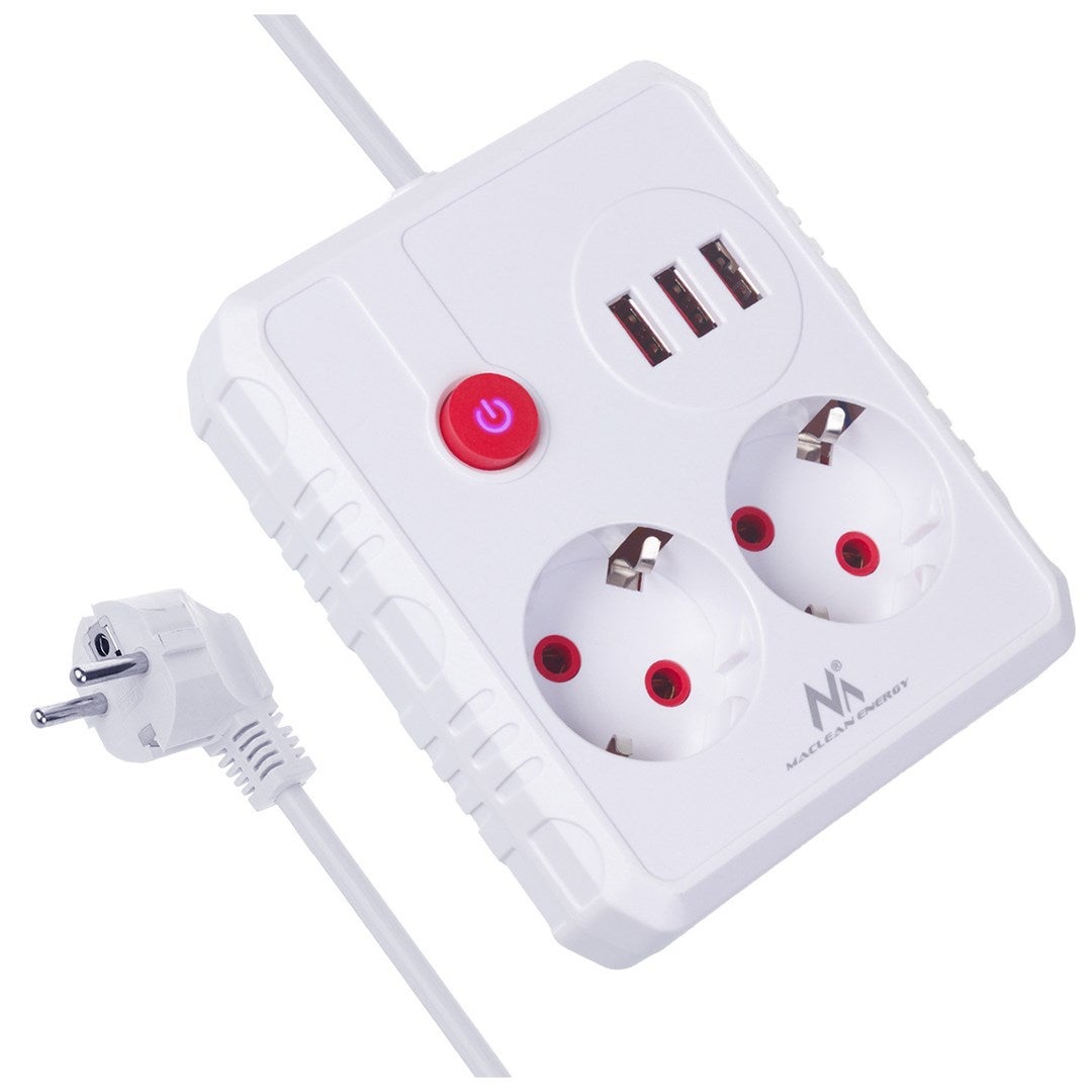 Multiprise Maclean. Rallonge 2 prises + 3 ports USB. 110-240 V CA 50/60 ...