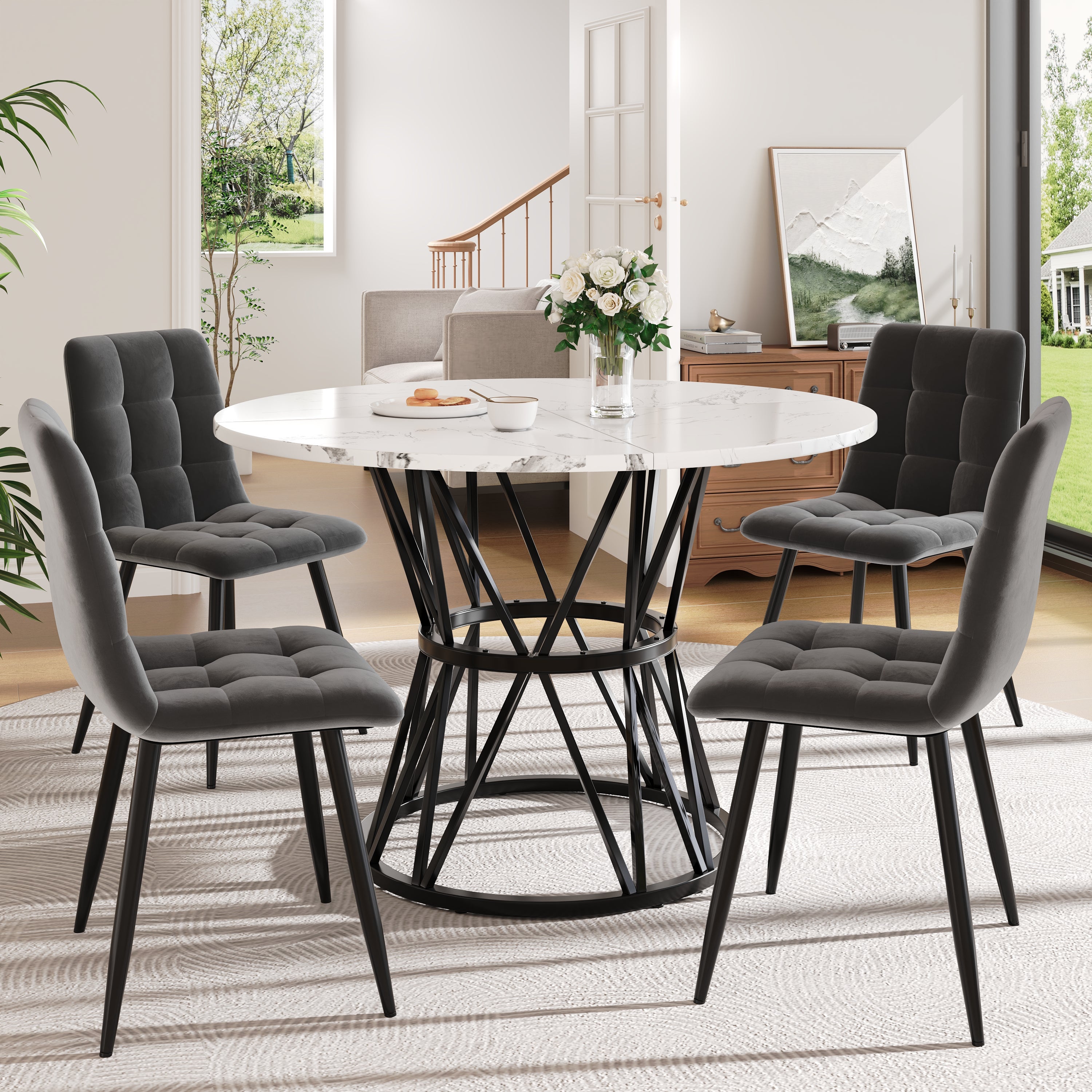 Ensemble table à manger ronde + 4 chaises en velours - D 100 x H 76 cm ...