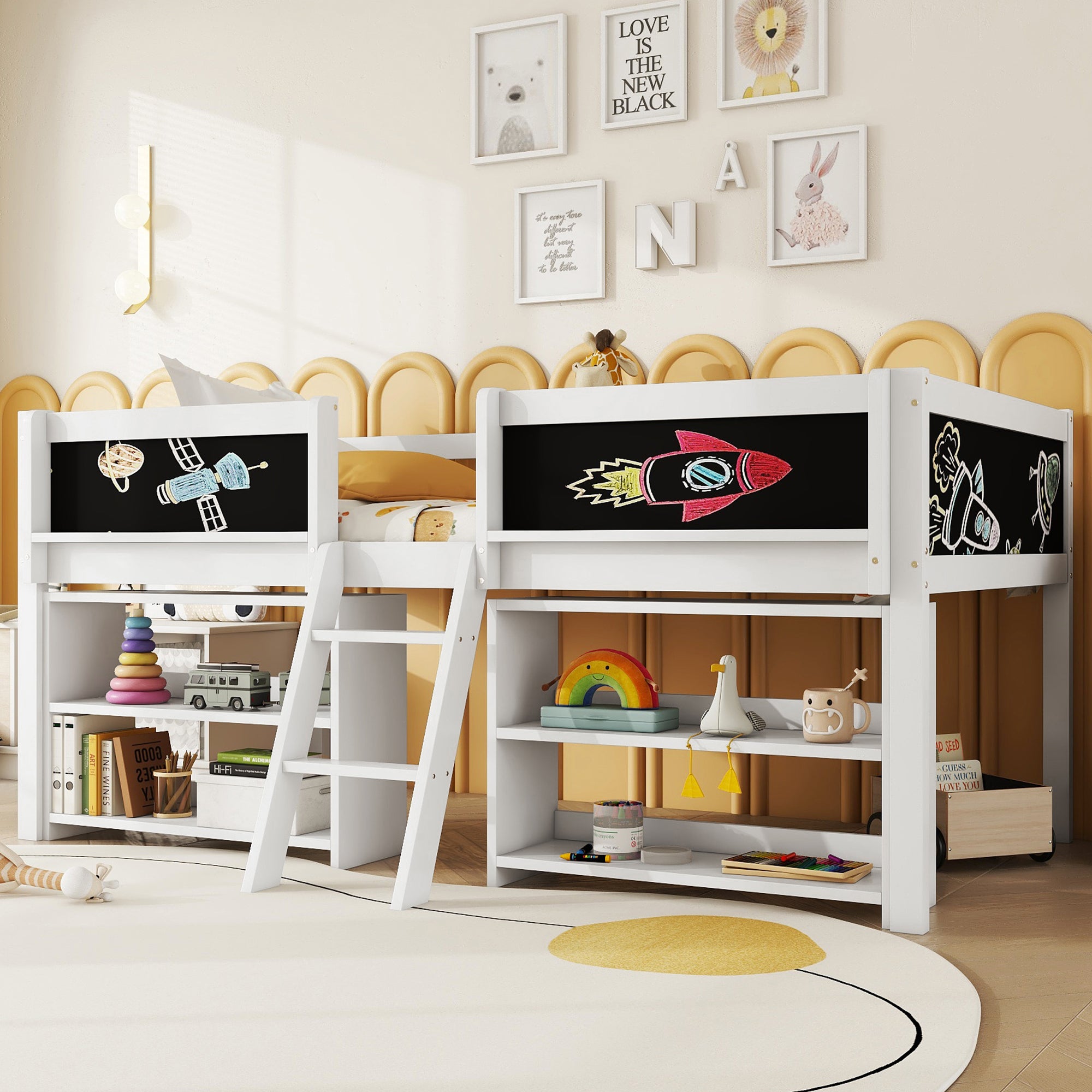Litera Juvenil 90x200cm - Cama Alta de Pino+MDF con Pizarra+Barandilla ...
