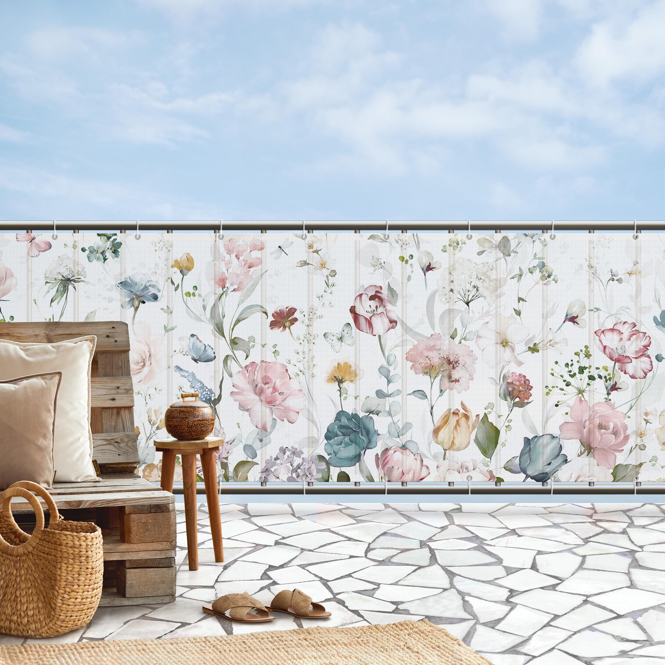 Brise-vue pour balcon - Fleurs grimpantes avec papillons aquarelle 400 ...