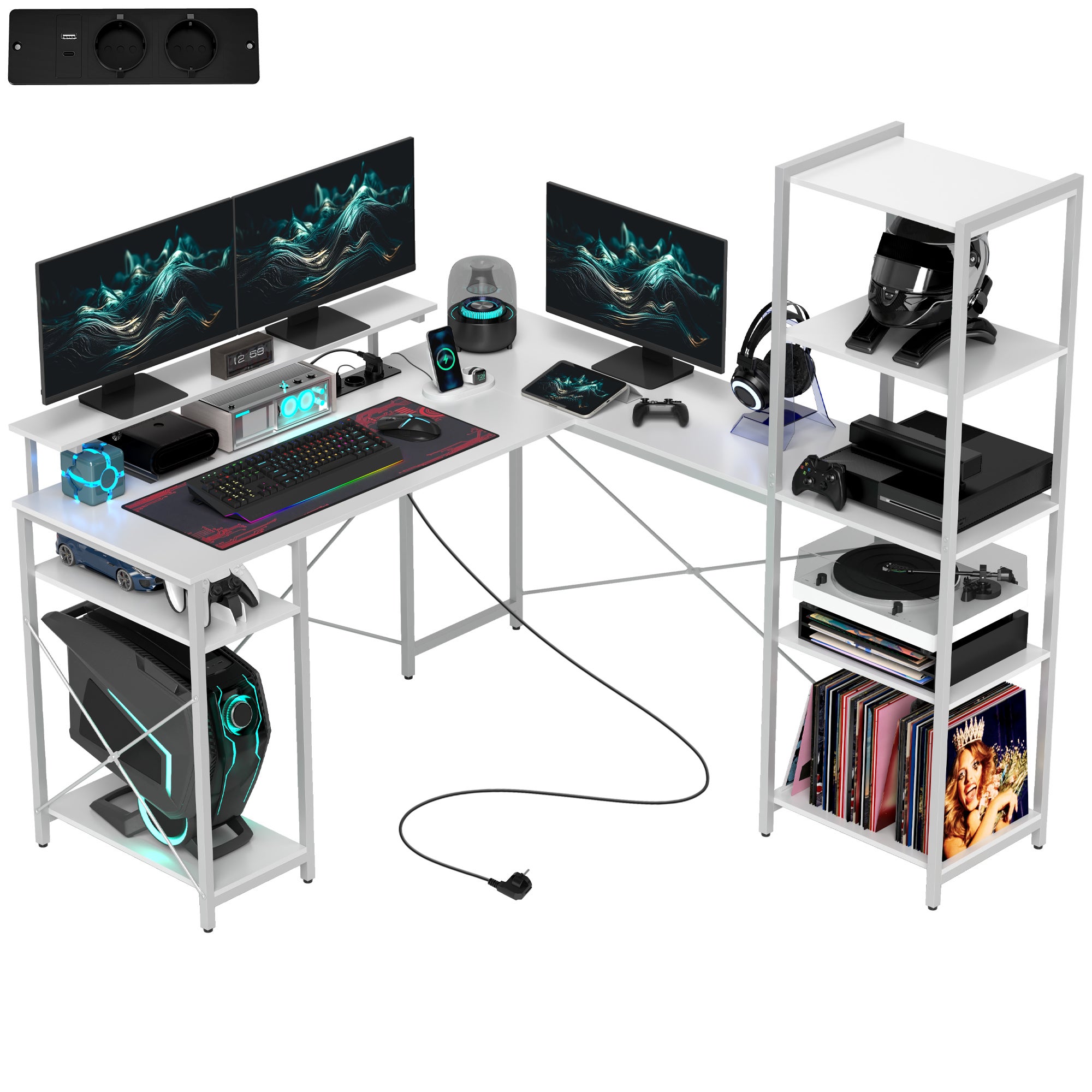 Bureau d'angle en L avec station de recharge,support pour écran et ...