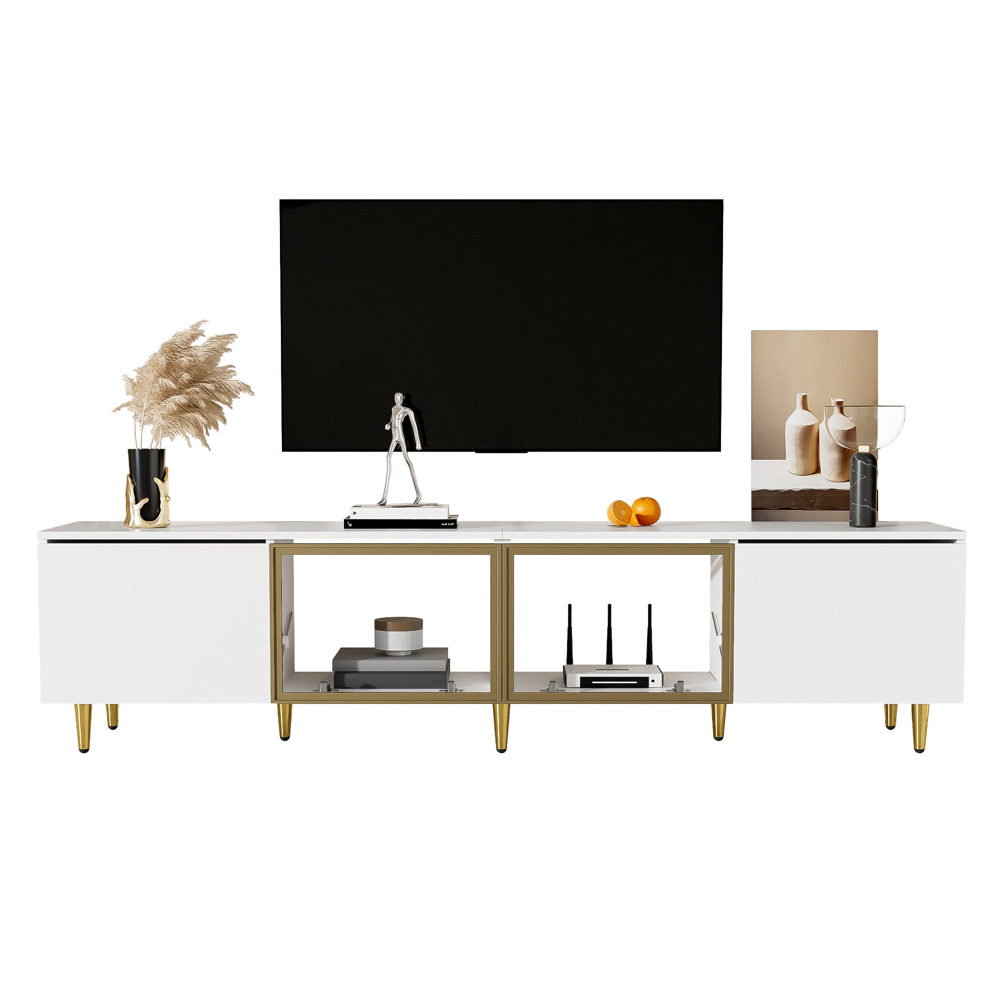 Commode TV 170 cm - Design minimaliste blanc, 4 portes 2 en verre ...