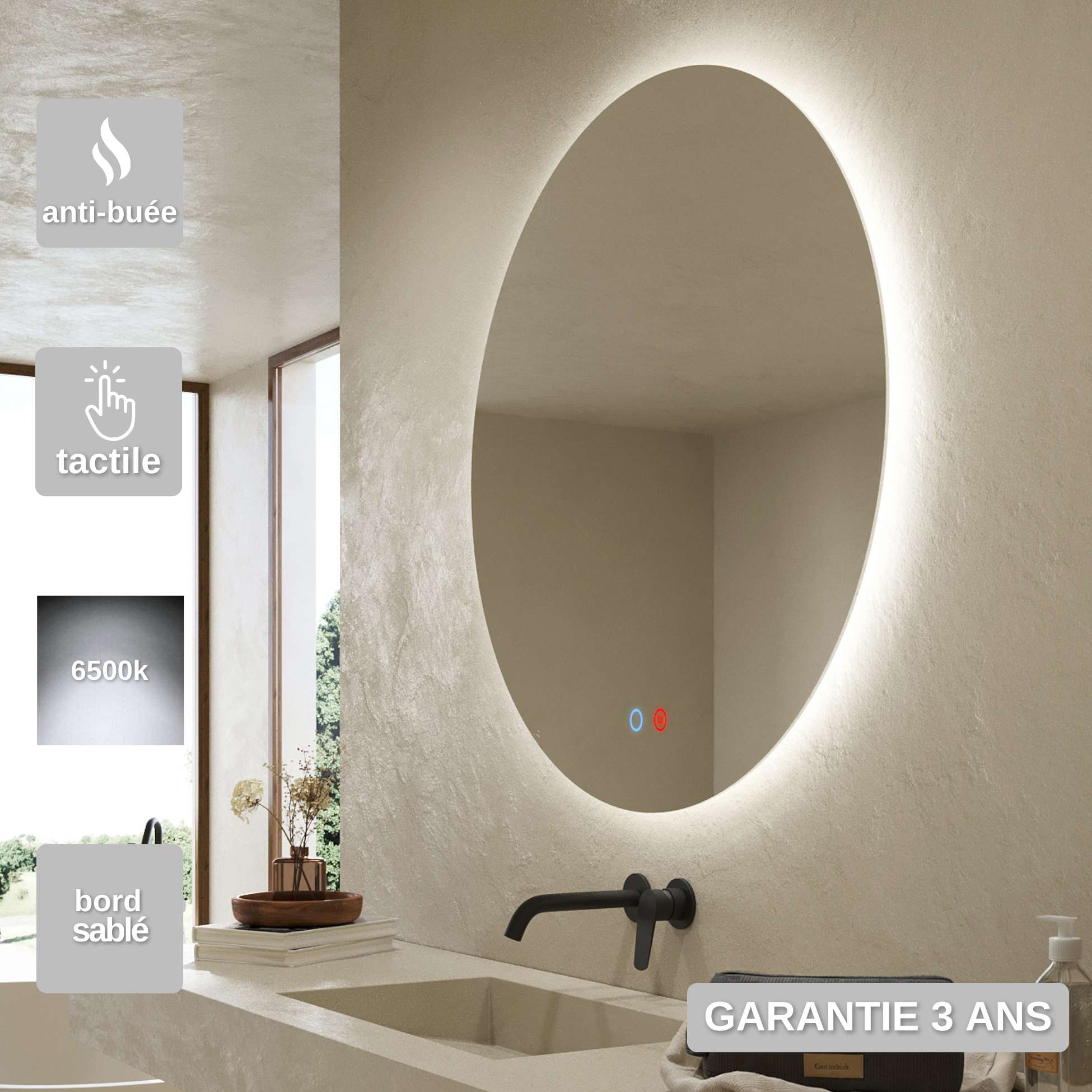 Miroir Salle de Bain LED Rétro-éclairé (6500K) - Ø70 ...