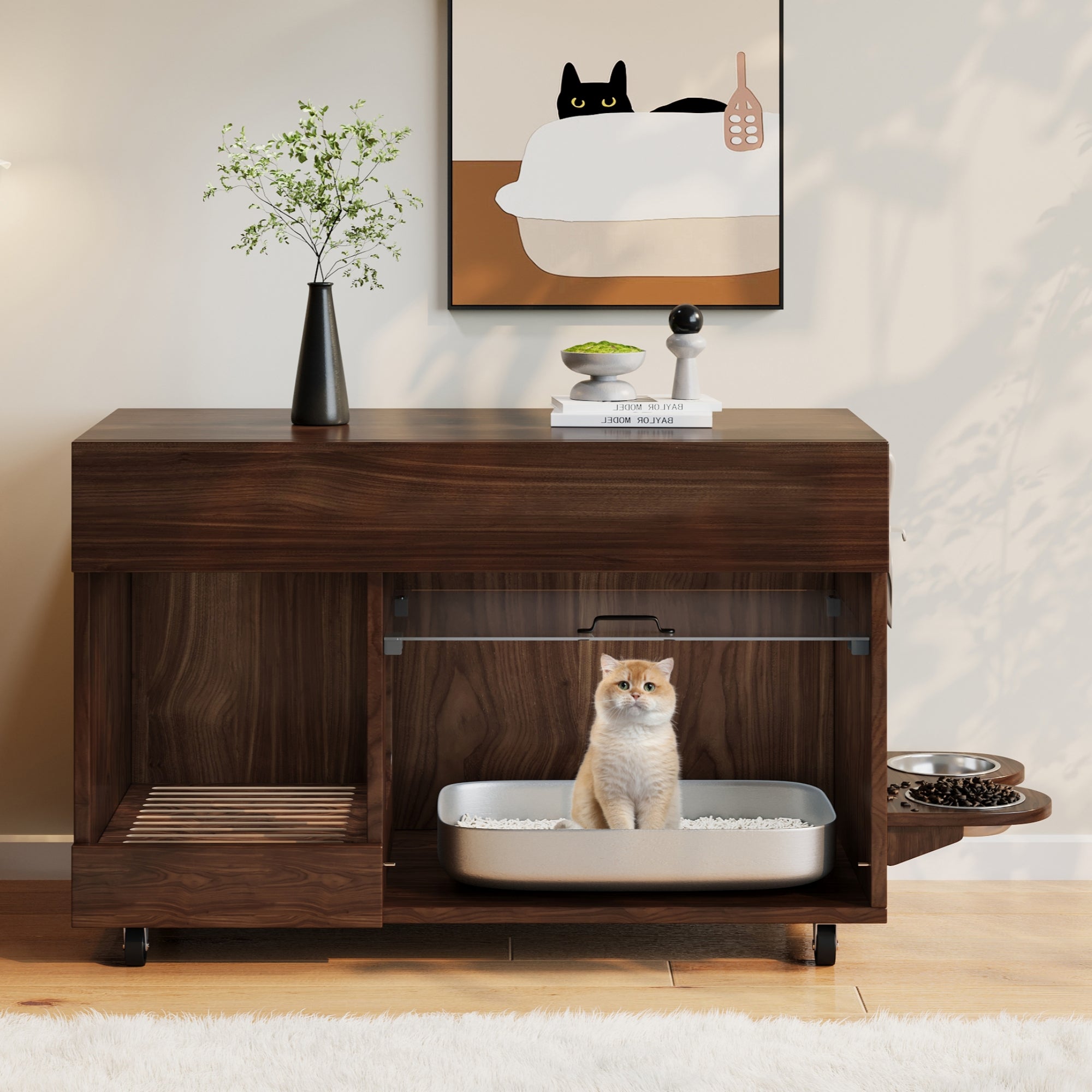 Meuble pour litière chat mobile avec gamelles finition noyer | Leroy Merlin
