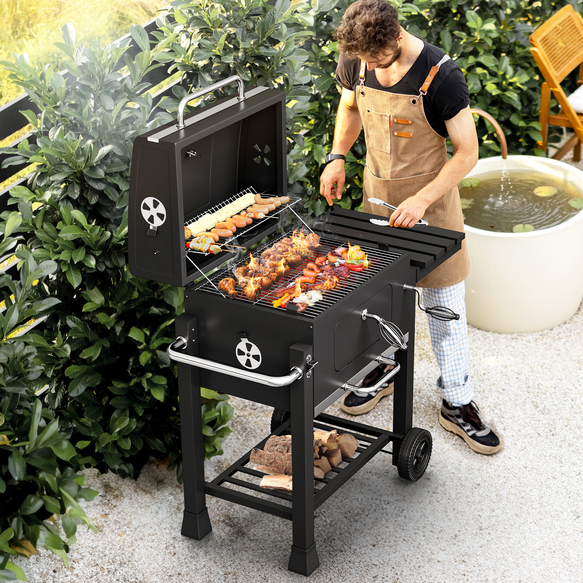 YITAHOME XL Barbecue à Charbon portable avec Plateau, Fumoir BBQ, Chariot de barbecue réglable ...