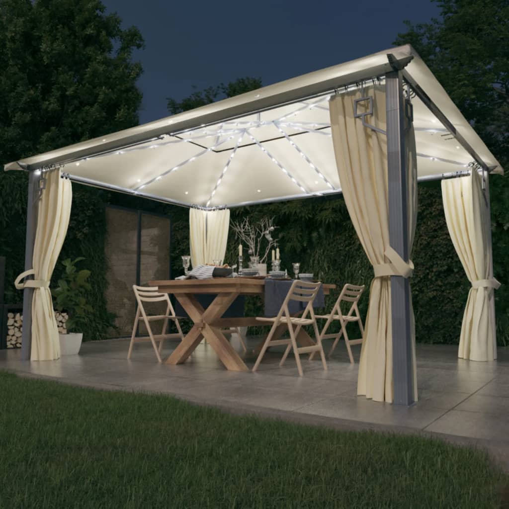 Tonnelle de jardin avec rideau et lumières LED 4x3 m Crème Aluminium ...