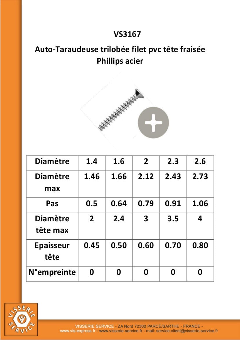Vis autotaraudeuse Pour Plastique Tête fraisée TF Phillips 2.6X10 Acier ...