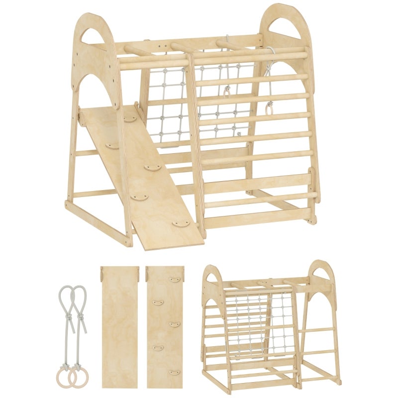 Structure d’escalade 6 en 1 bois, toboggan mur filet, motricité 3-6 ans ...