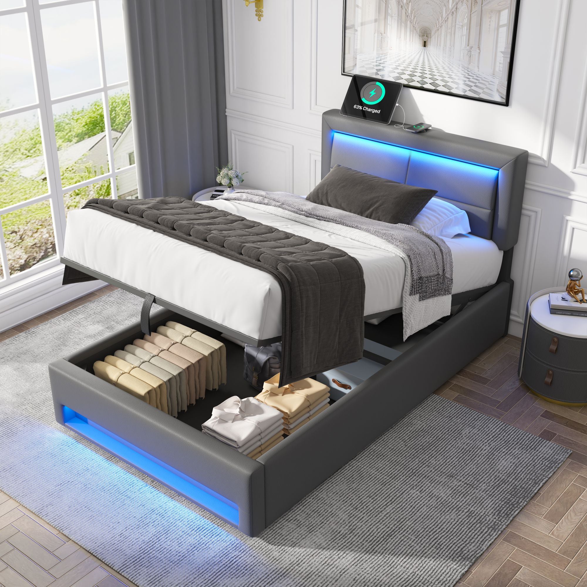 Cama con canapé 90 x 200 cm en polipiel con LED - con puertos de carga ...