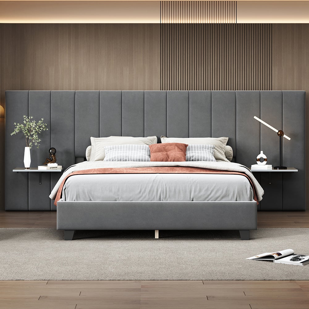 Lit adulte Lit double capitonné 160 x 200 cm Tête de lit allongée avec ...