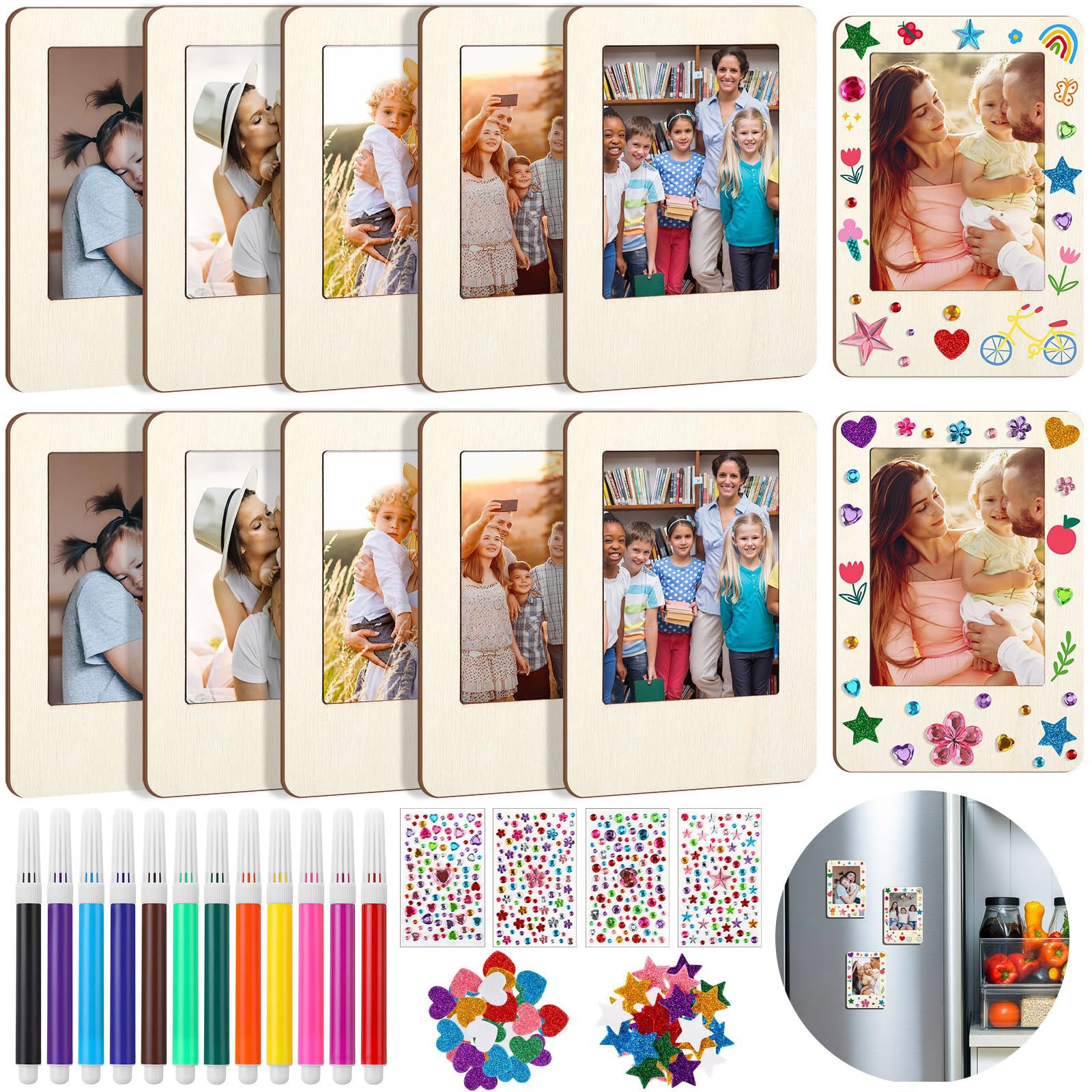 Lot de 10 cadres photo en bois avec autocollants et 12 stylos aquarelle ...