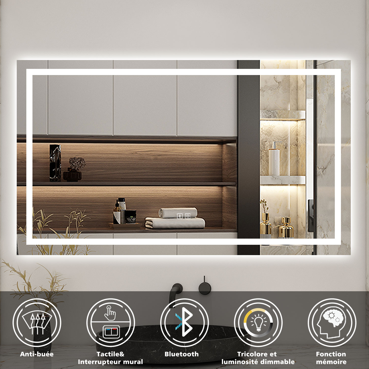AICA Miroir lumineux bluetooth + tricolore + anti-buée 100x60cm salle ...