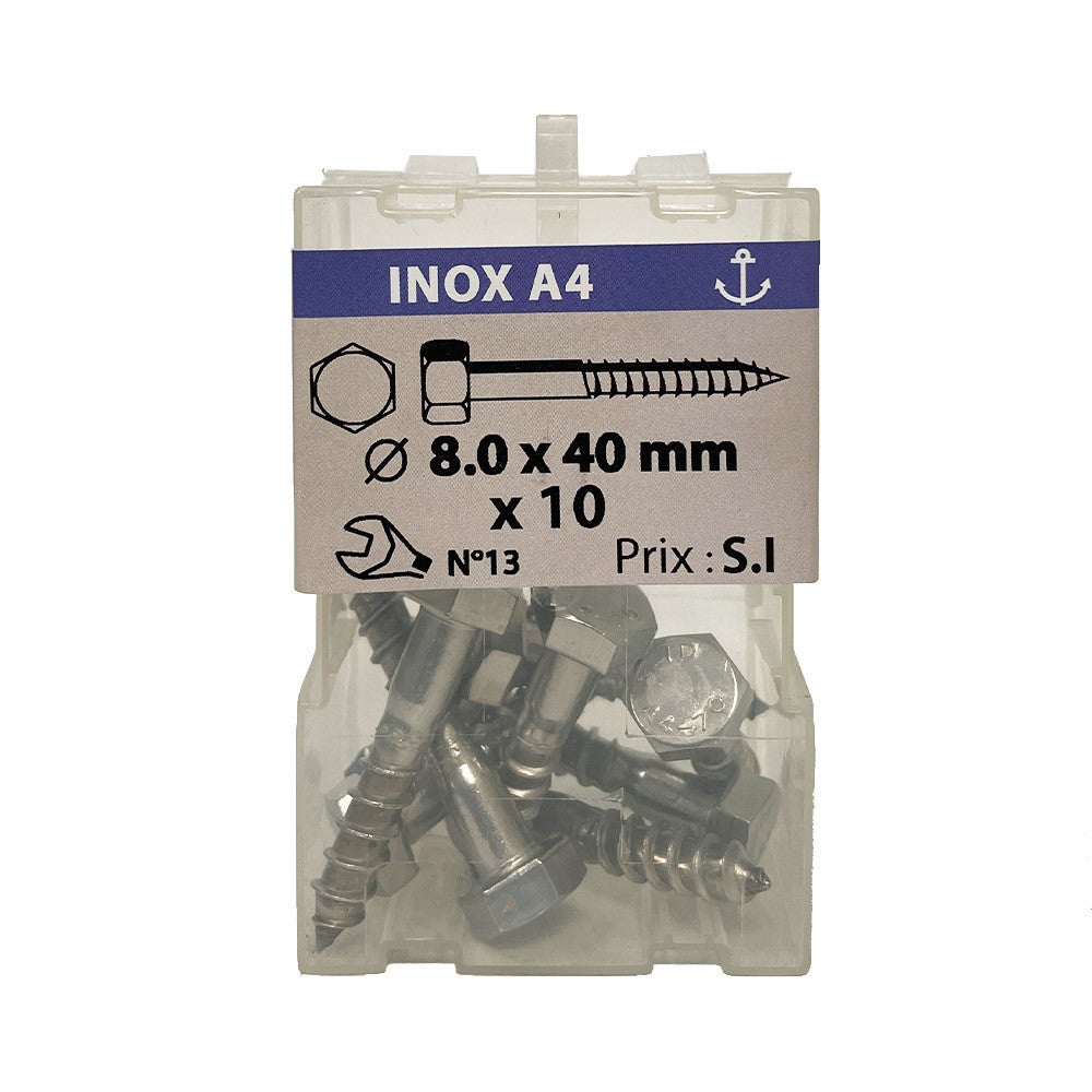 Boite 10 vis à bois 8 x 40mm tête hexagonale inox A4 - Vissal | Leroy ...