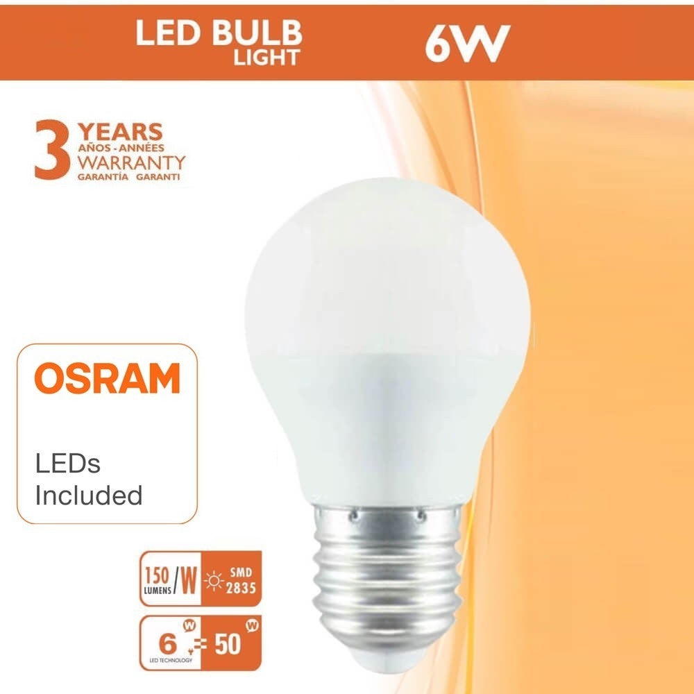Lot 10 Ampoules LED E27 6W 720Lm Osram Chip, G45, 220V, angle 220º, Lumière chaude 2700K | Leroy ...