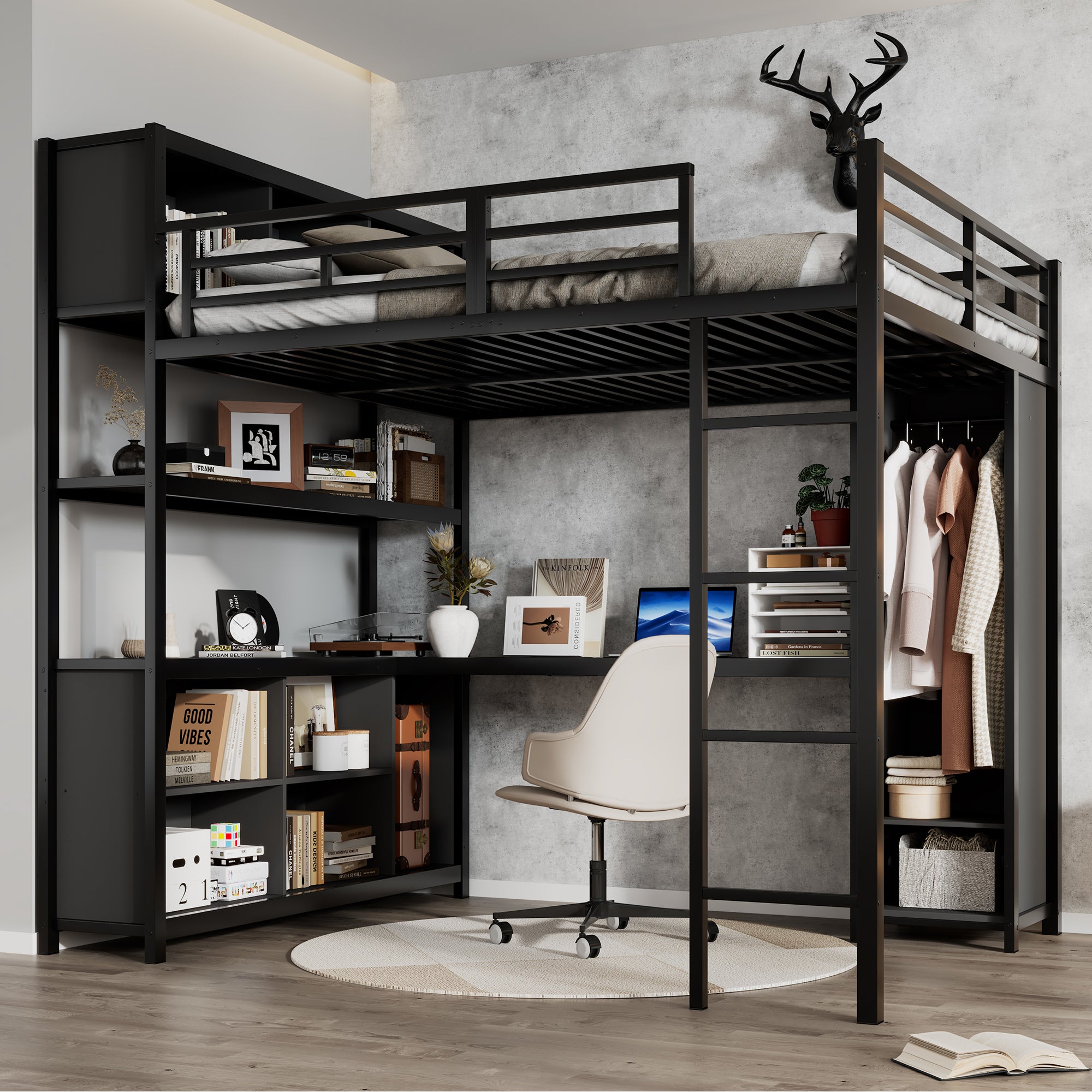 Lit mezzanine 140x200 cm - avec bureau et étagère de rangement - avec ...