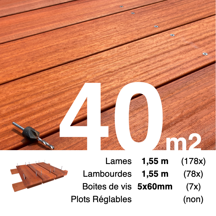 Kit terrasse bois exotique PADOUK pour 40 m² • Lames 1,55 m, lambourdes ...