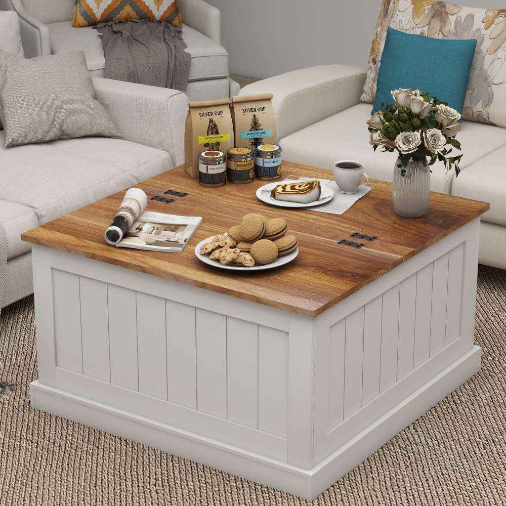 Table Basse Carrée Style Ferme 80cm avec Plateau Relevable, Bois MDF ...