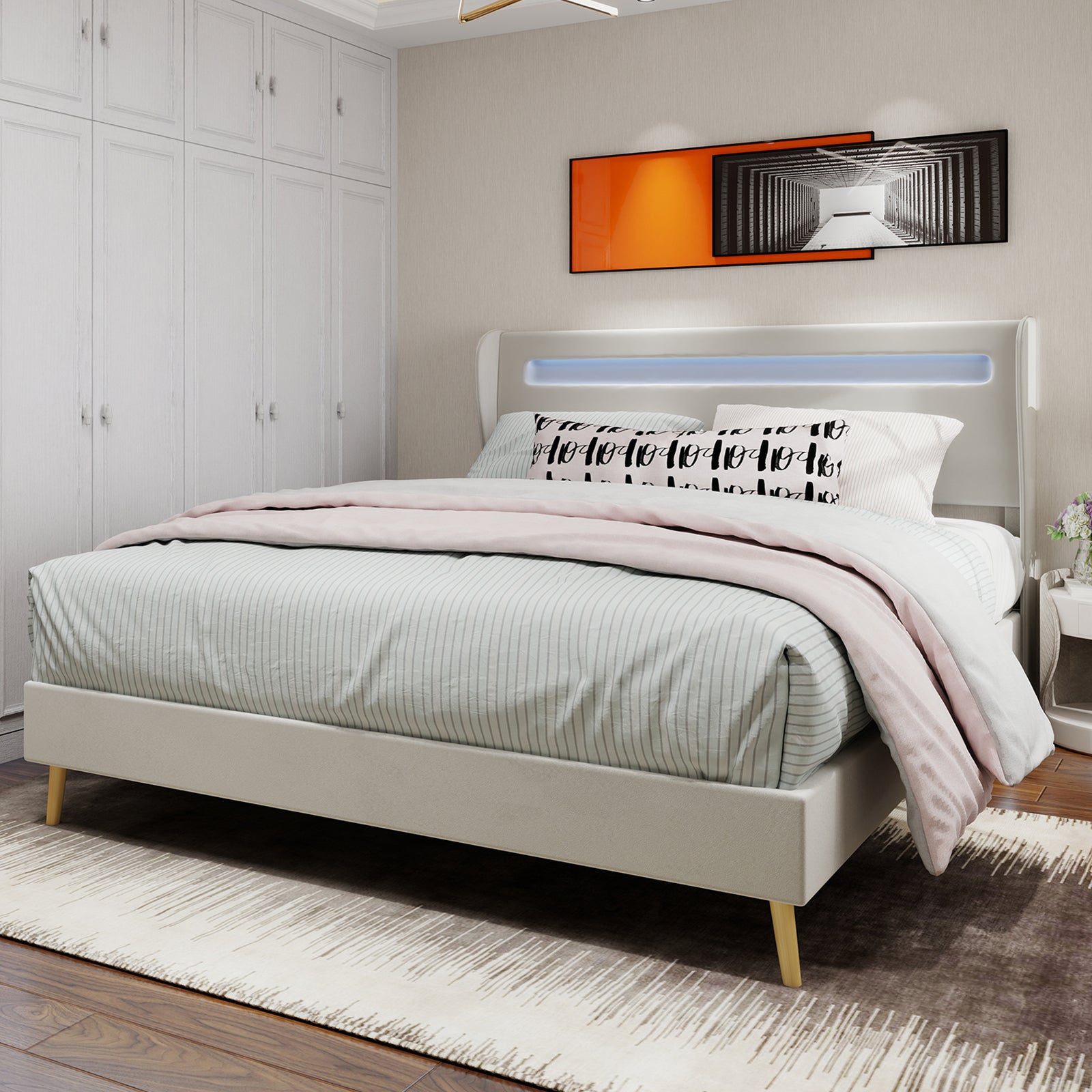 Cama minimalista moderna 140x200 cm con cabecero tapizado LED, base ...