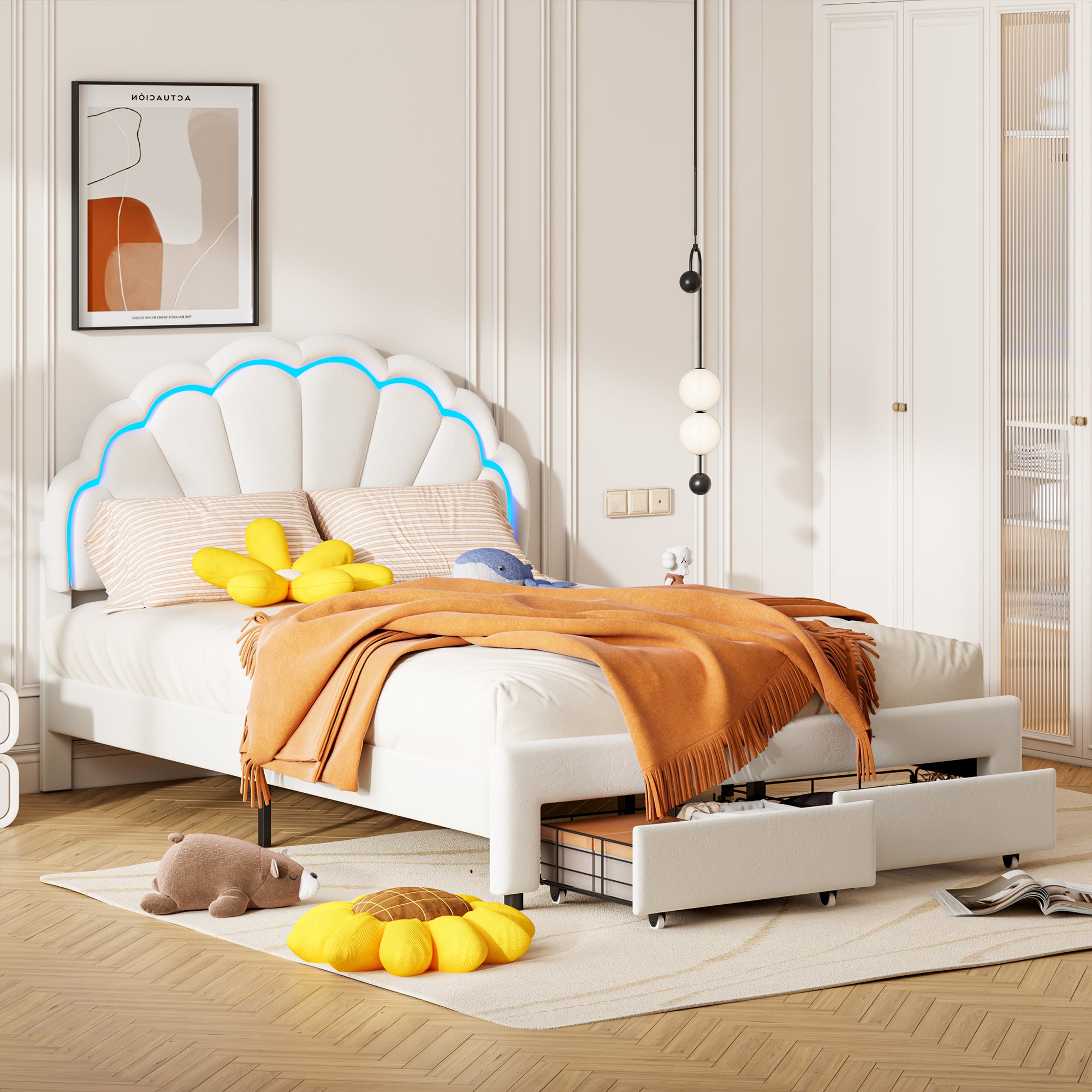 Lit double pour enfants 140x200 cm, avec LED et tiroir, tête de lit en ...