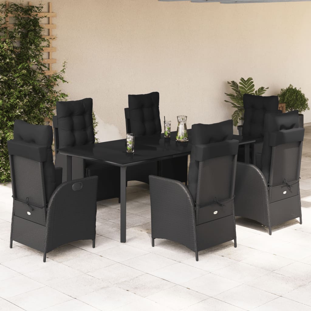 Juego de comedor de jardín cojines 7 piezas Mimbre de resina negro ...