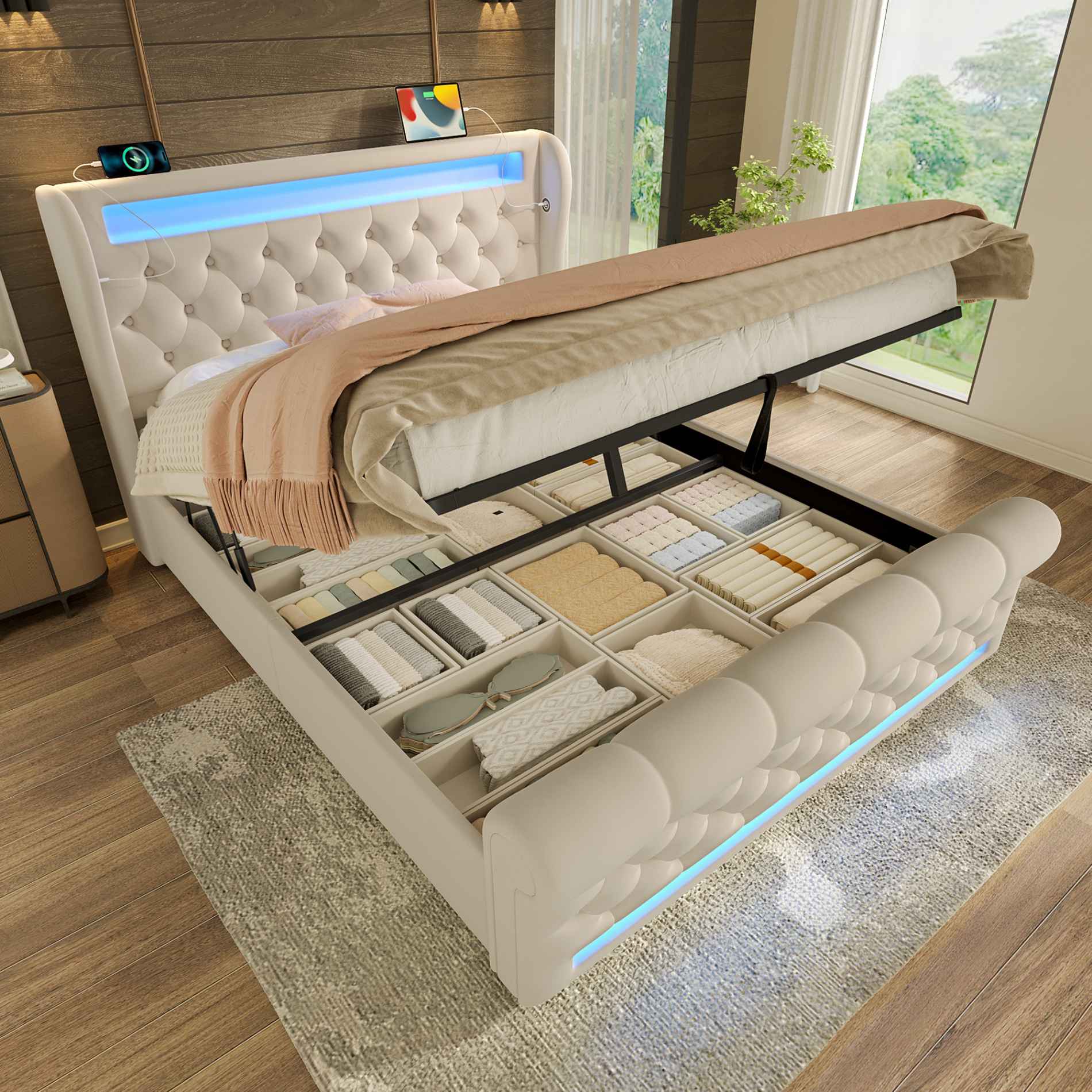 Lit Moderne avec Tête de Lit Capitonnée, 140x200cm, LED, USB et Type-C ...