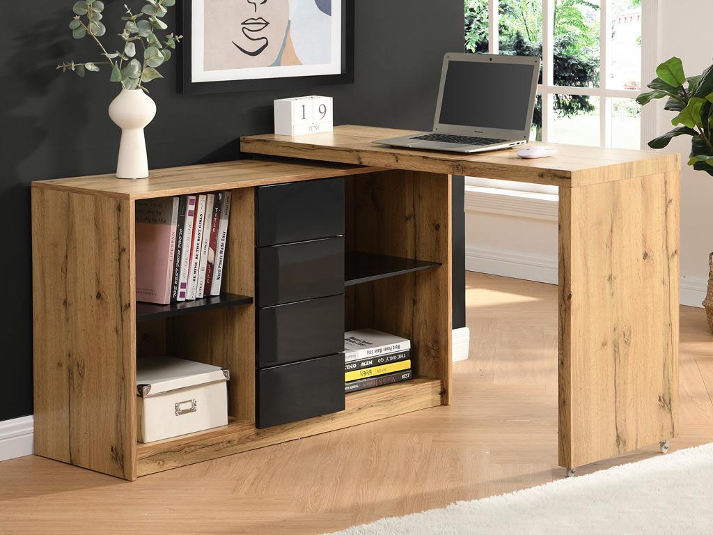 Bureau extensible avec plateau pivotant 360° - MDF - Naturel et noir ...