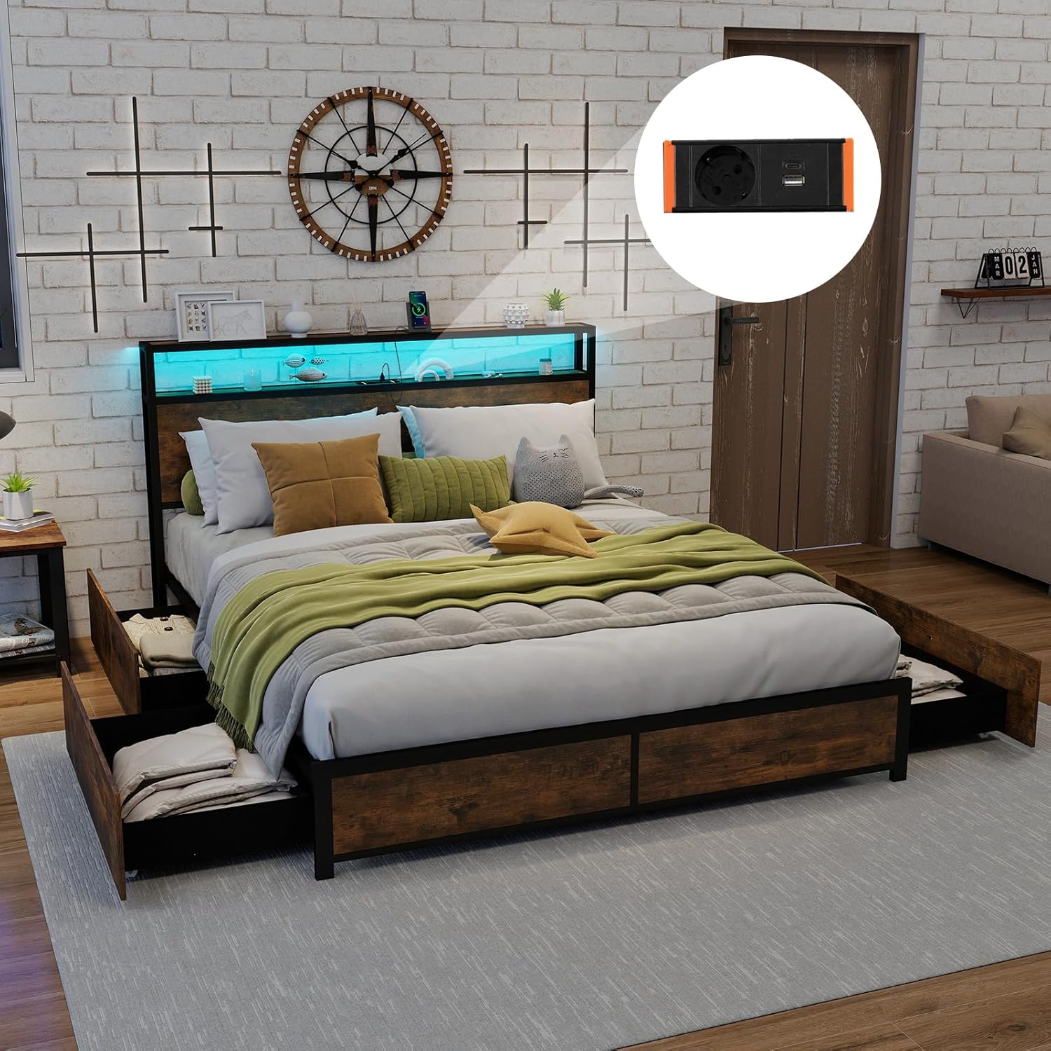 Cama Doble 140/160 x 200 cm, Cabecero de Luz LED RGB Control de Voz, 4 ...