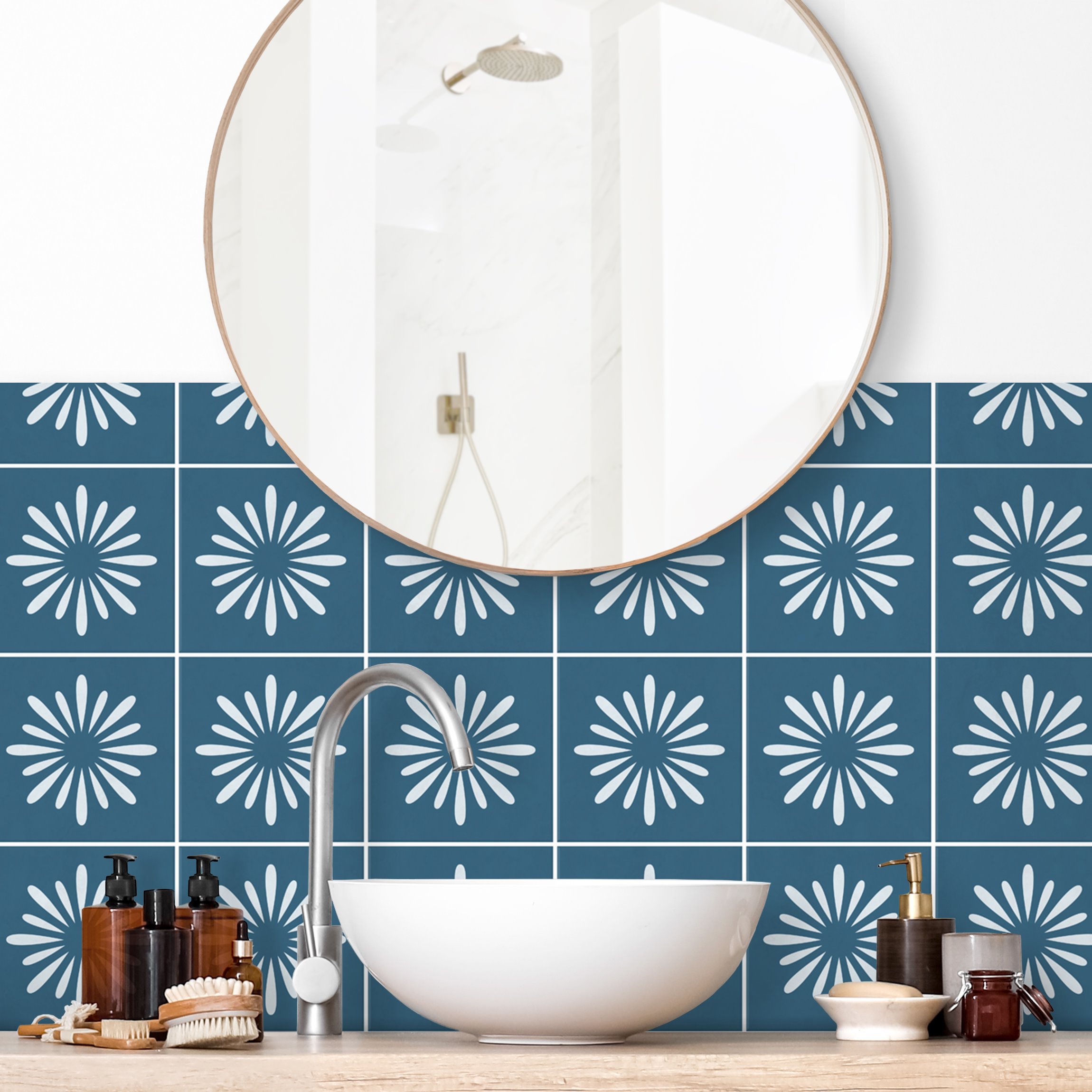 Revestimiento de pared para baño - Tiles with Flowers Blue 50 x 90 cm ...