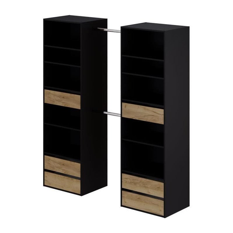 Kit dressing 2 colonnes + 2 penderies + 6 tiroirs - Décor Noir et Chene ...