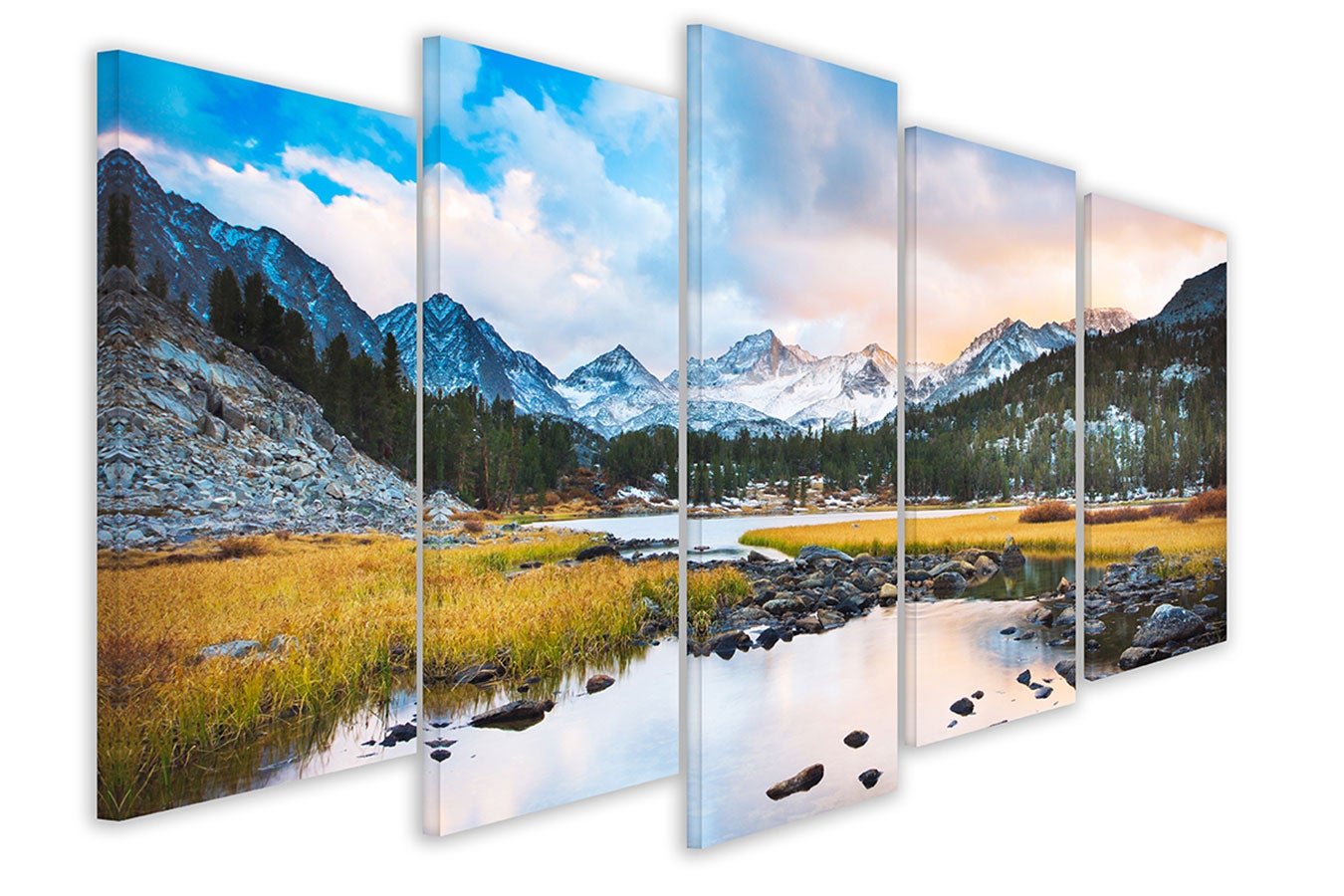 Tableau 5 parties paysage lac et montagne sous la neige - 150x80 cm ...