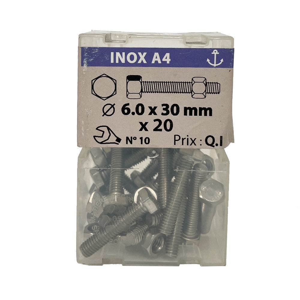 Boite 20 vis 6 x 30mm tête hexagonale + écrou inox A4 - Vissal | Leroy ...