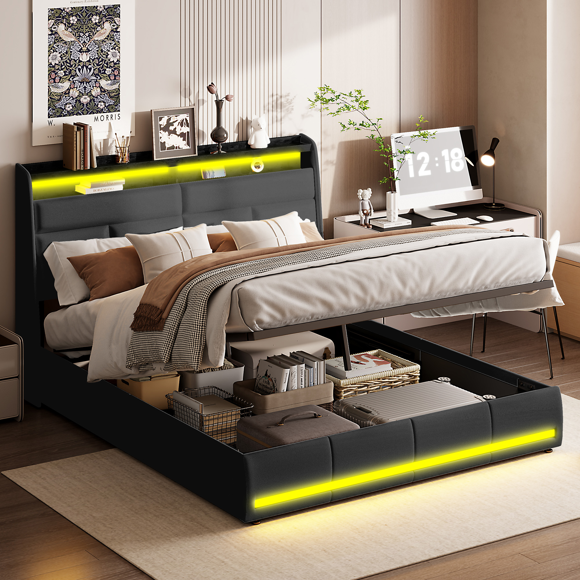 Cama canapé 160x200 con base y USB, LED, estructura de cama con ...