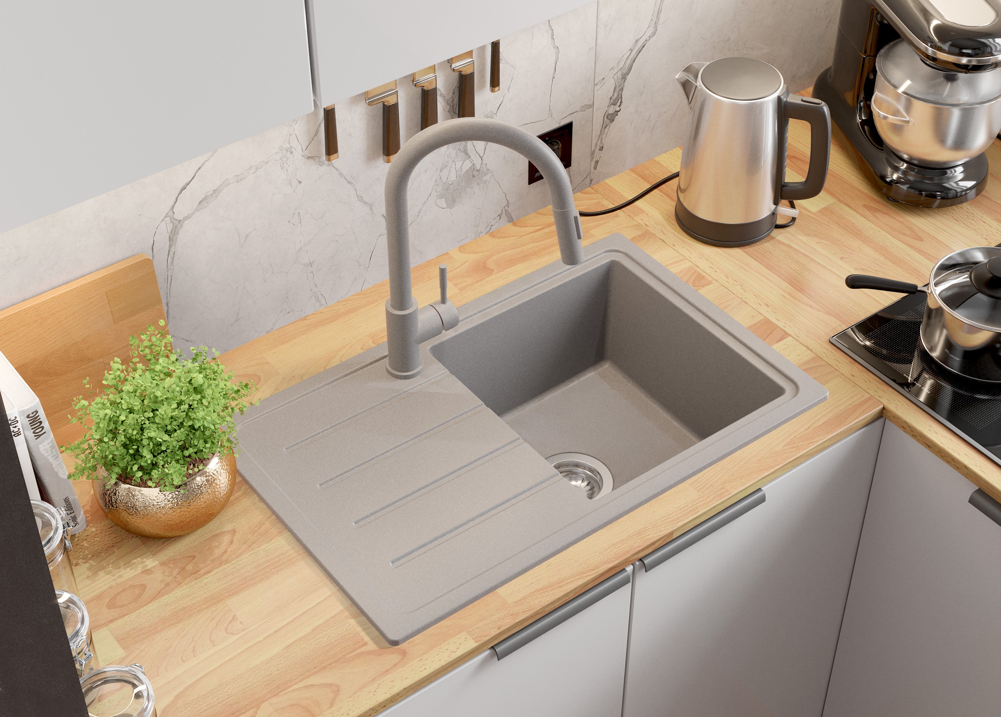 Evier Cuisine en Granit Gris 70x44cm, Lavabo 1 bac + Kit de Vidage ...