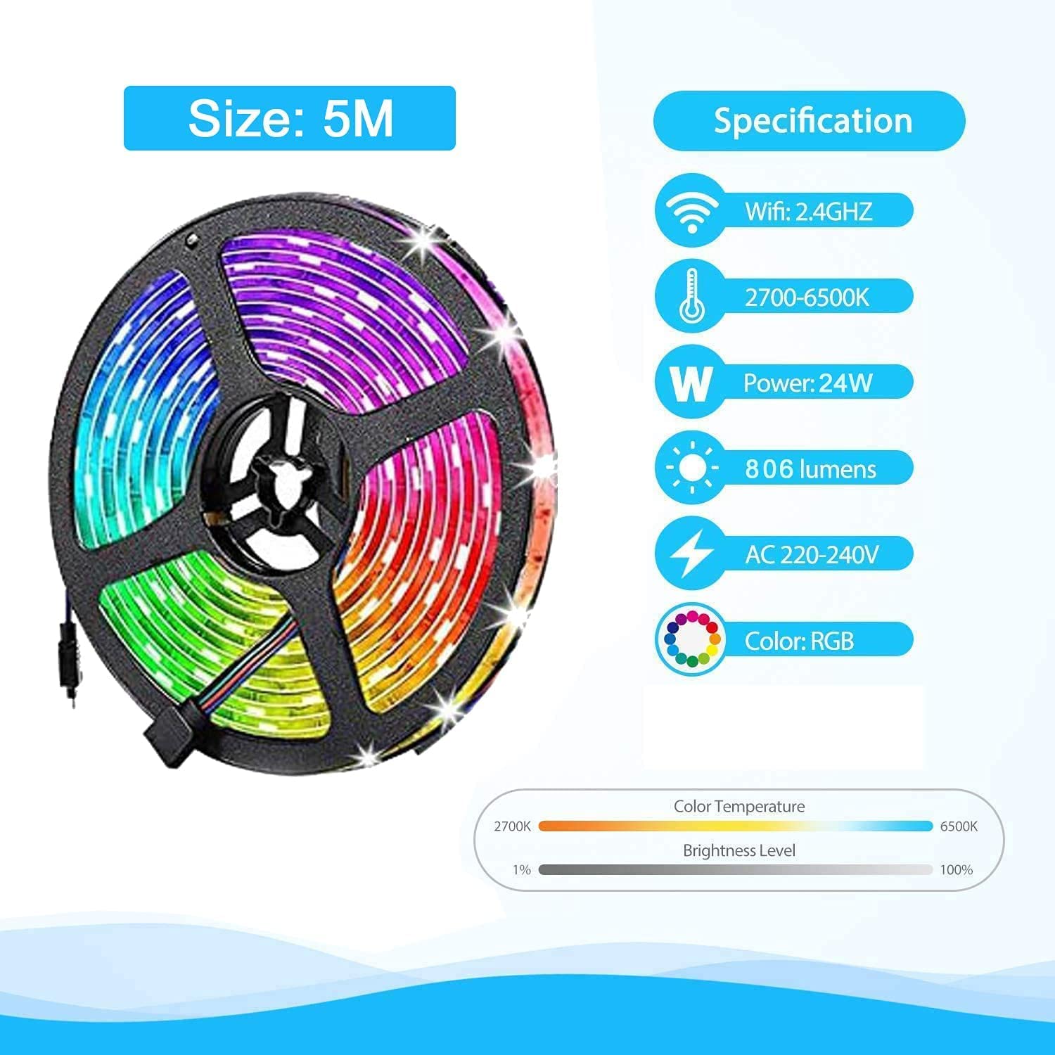 Ruban LED Intelligente WiFi 24W 5m Dimmable IP65, RGBW Lights 2700k ...