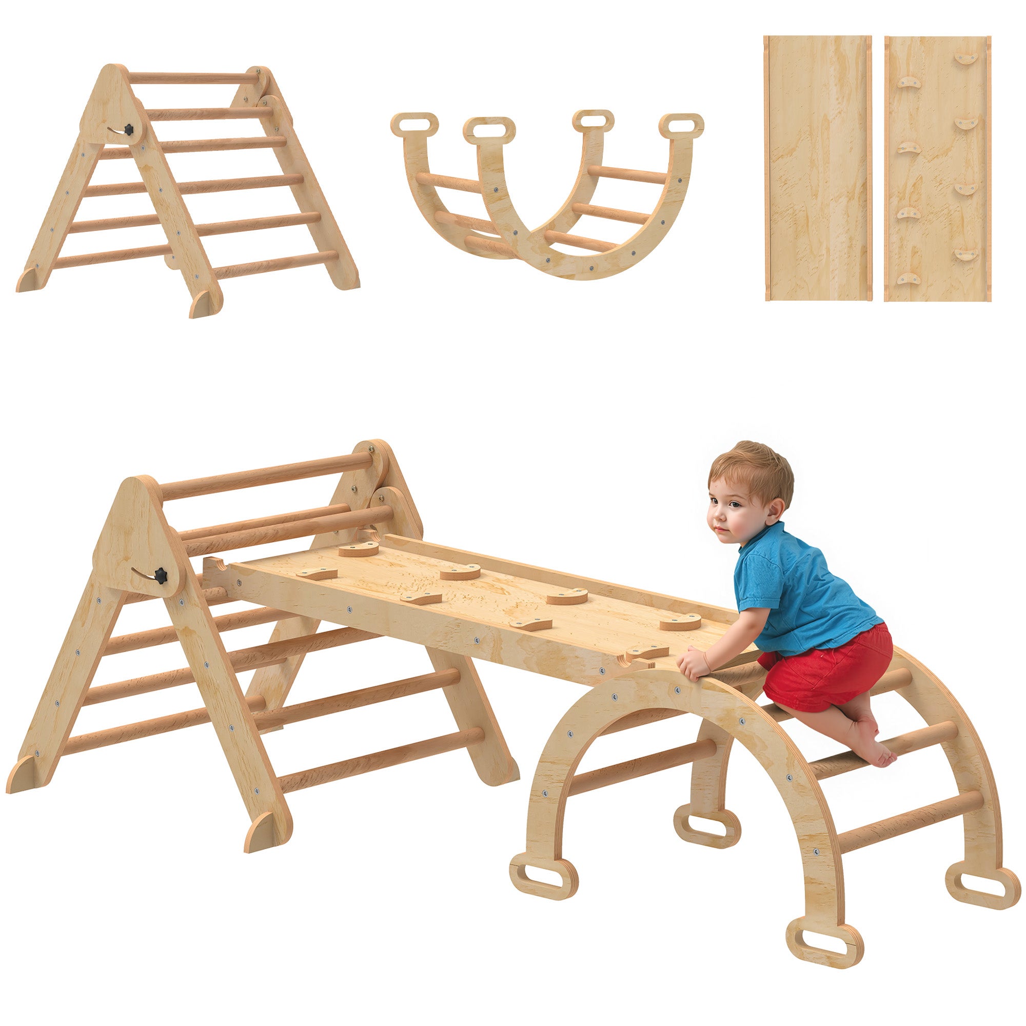 Triangle d'escalade Montessori 7 en 1 pliant en bois, avec arche et ...