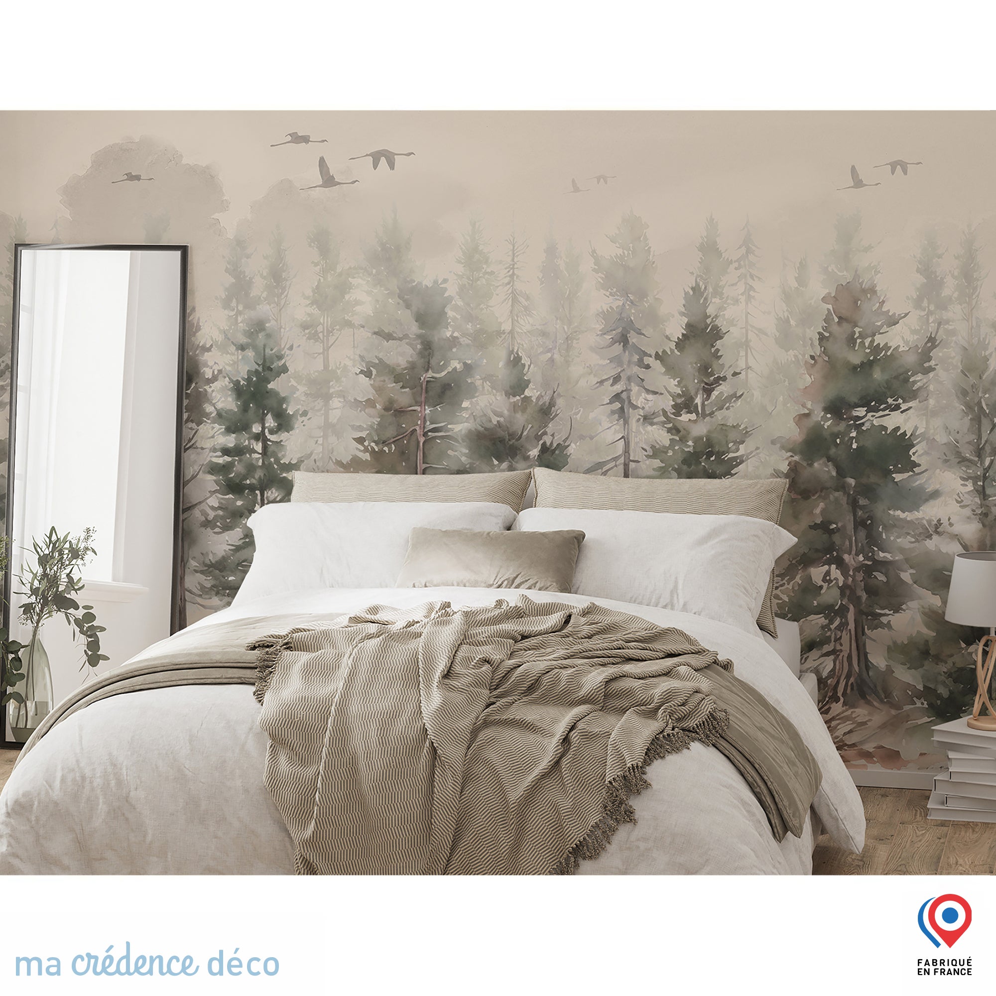 Papier peint Forêt de pins avec oiseaux, Aquarelle - Intissé - 200 cm ...