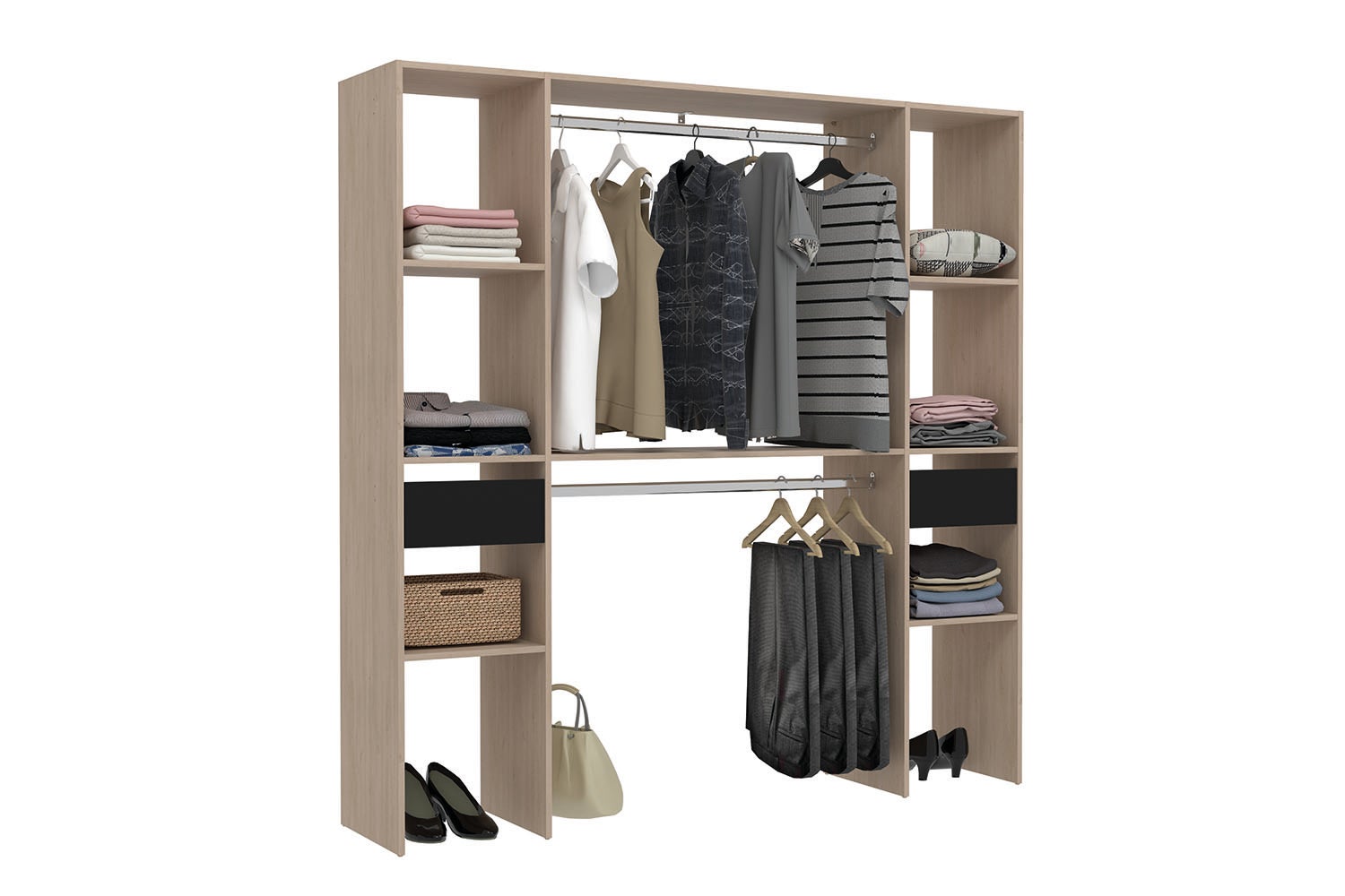 Dressing bois avec 6 étagères, 2 tiroirs et 2 penderies : 180 x 40 x ...