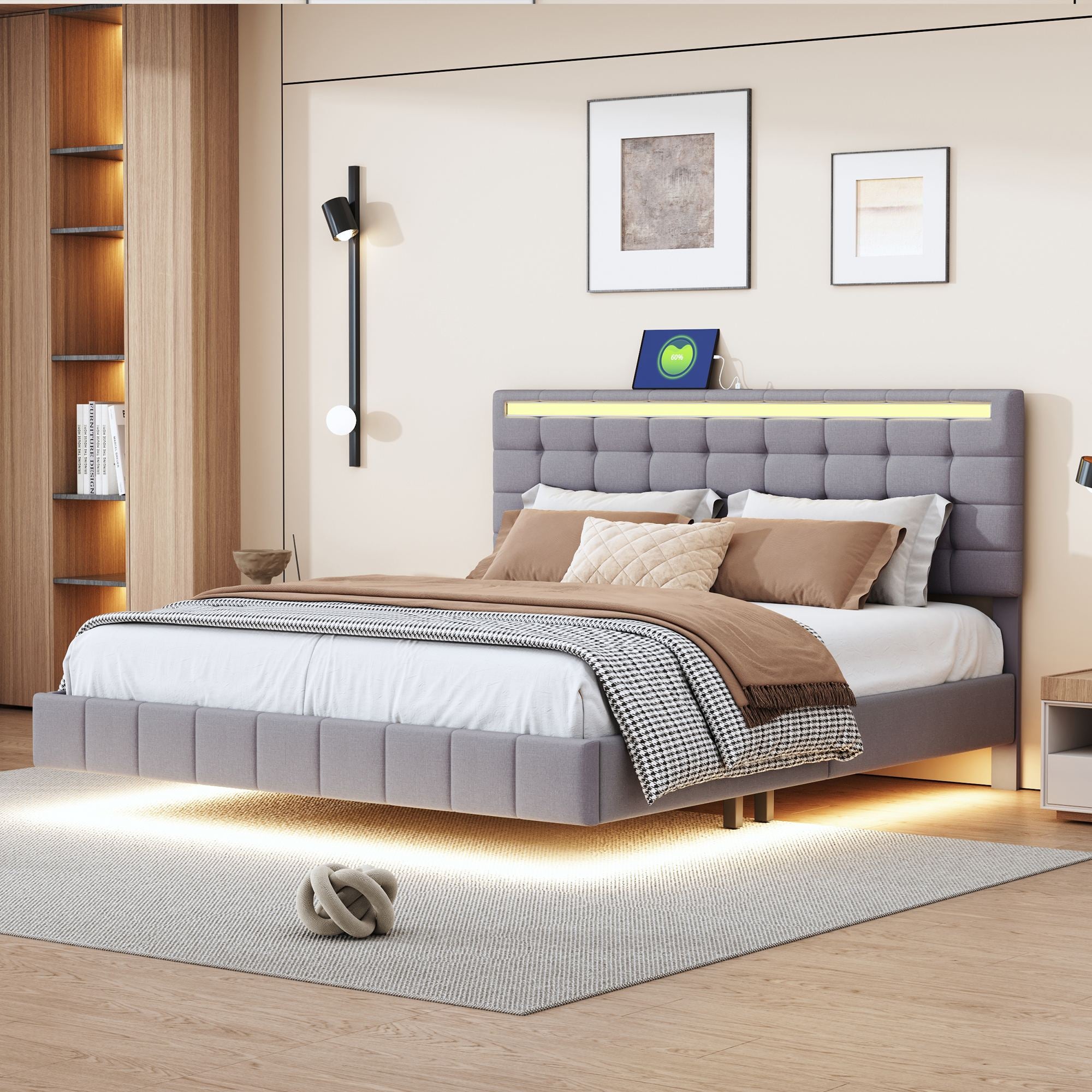 Lit Polster 160x200 cm - Cadre flottant avec LED et tête de lit - Lin ...