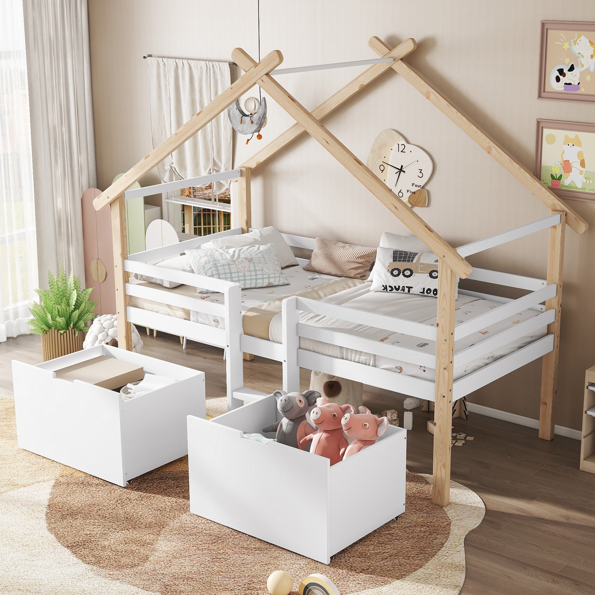 Letto per bambini 90x200 cm,Letto a mezza altezza con casetta,scale e ...