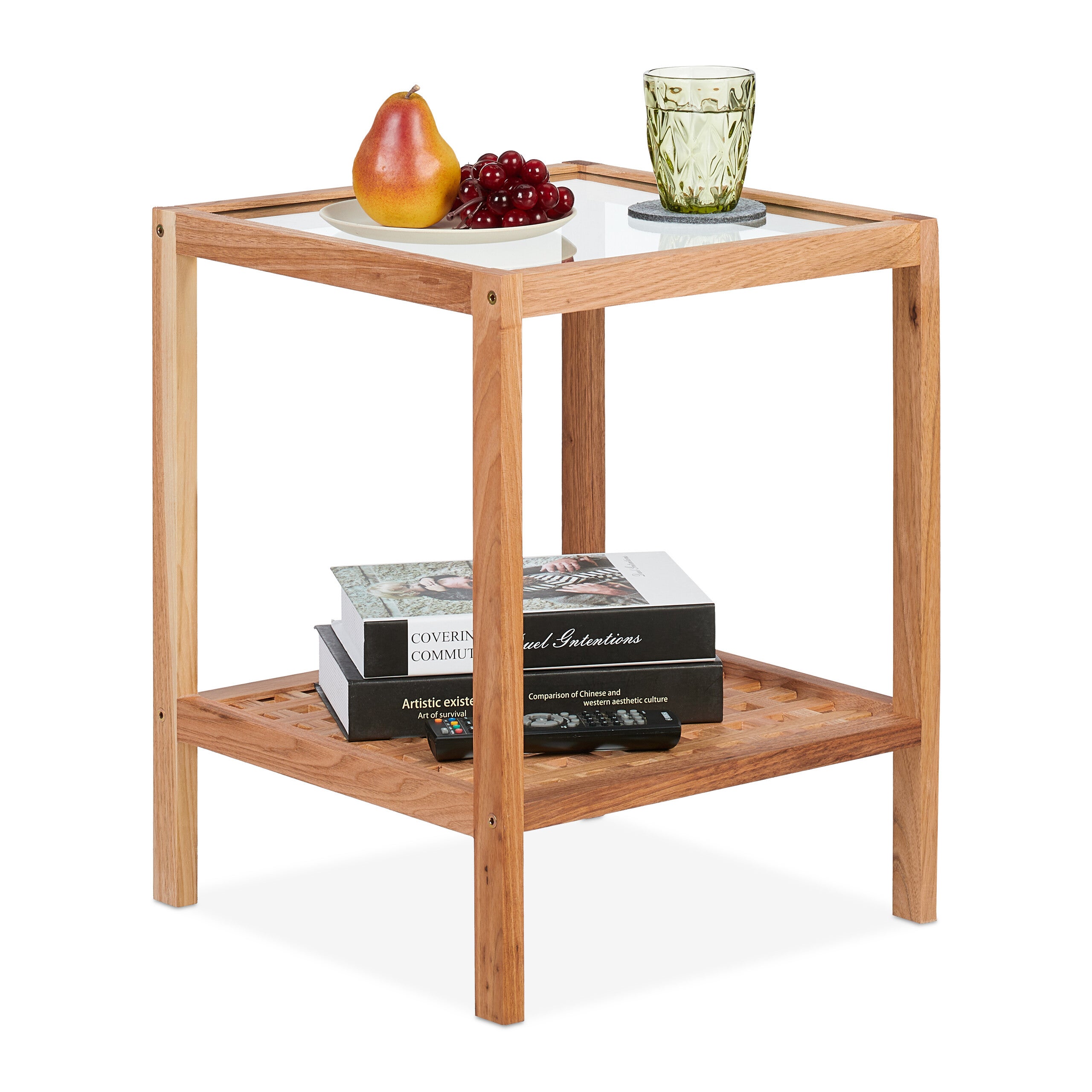 Tavolino da Salotto in Legno, 50 x 40 x 40 cm, Ripiano in Vetro, 2 ...