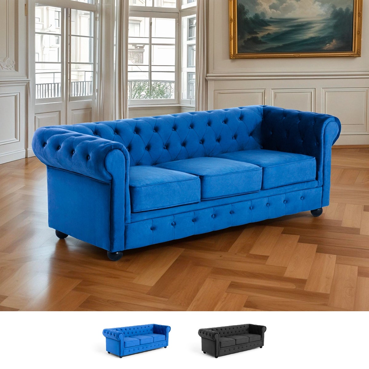 Divano Chesterfield in velluto 3 posti stile classico vintage Norwich - Blu | Leroy Merlin