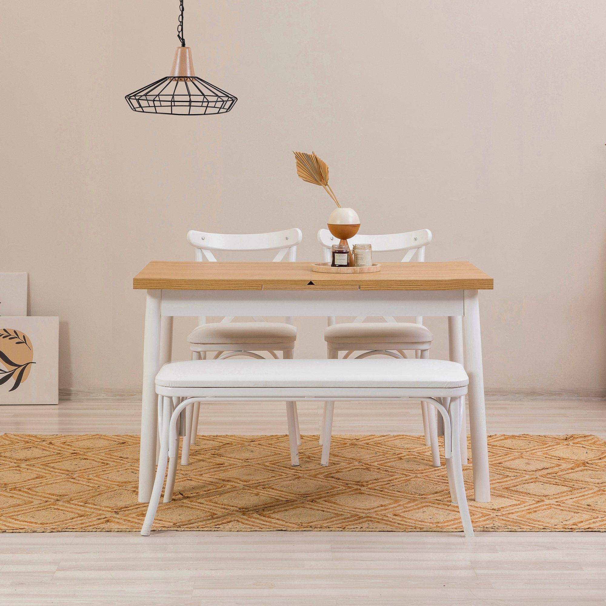 Ensemble 2 chaises Blanc, 1 banquette et 1 table extensible Iridus ...