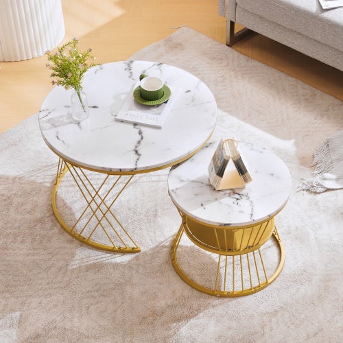 Lot de 2 tables basses gigognes blanc, plateau rond aspect marbre ...