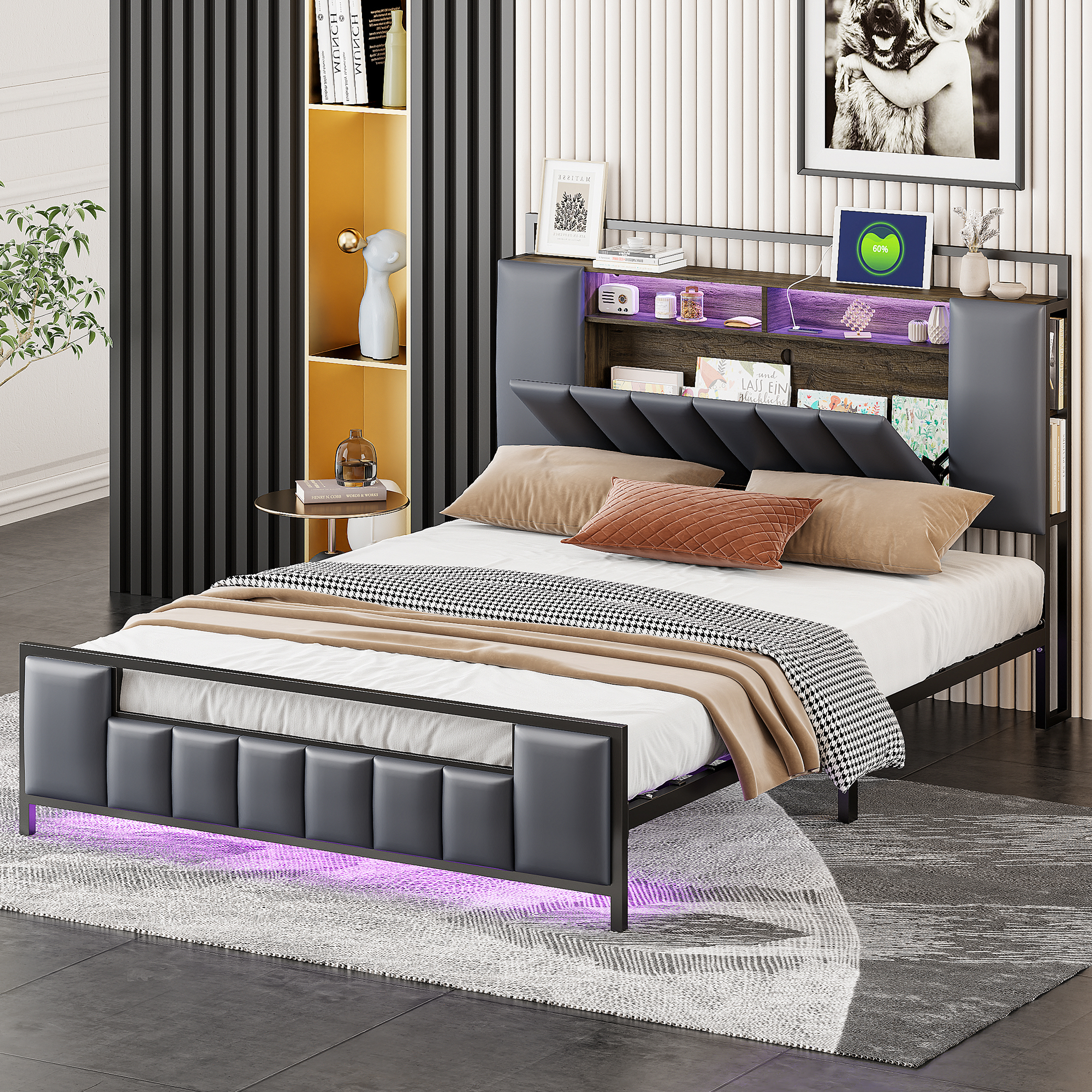 Lit adulte 140x200 cm avec rangement, lit adolescent avec LED, prise ...